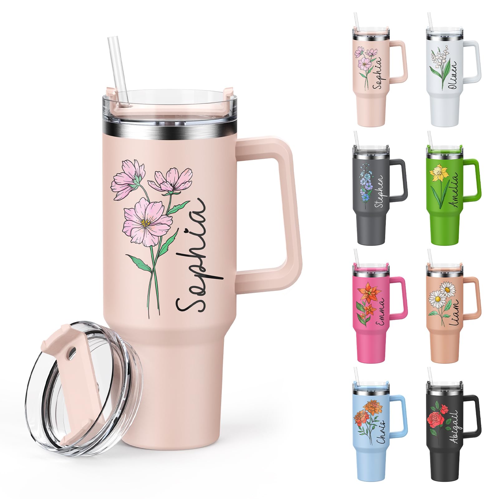 UNIGIFTIME Customized 40oz Tumbler with Handle and Straw, Personalized Stainless Steel Insulated Tumbler with Birth Flower and Name, Personalized Birthday Gifts for Women and Men, Mother's Day Gift