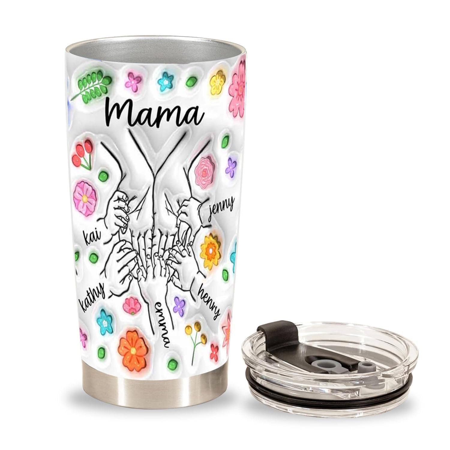 LOVELYPOD Personalized Mama Tumbler with Kids Names, You Hold Our Hands Also Our Hearts Drinking Cup, Custom Mothers Day Gifts For Mom from Daughter Son, Mama Gifts