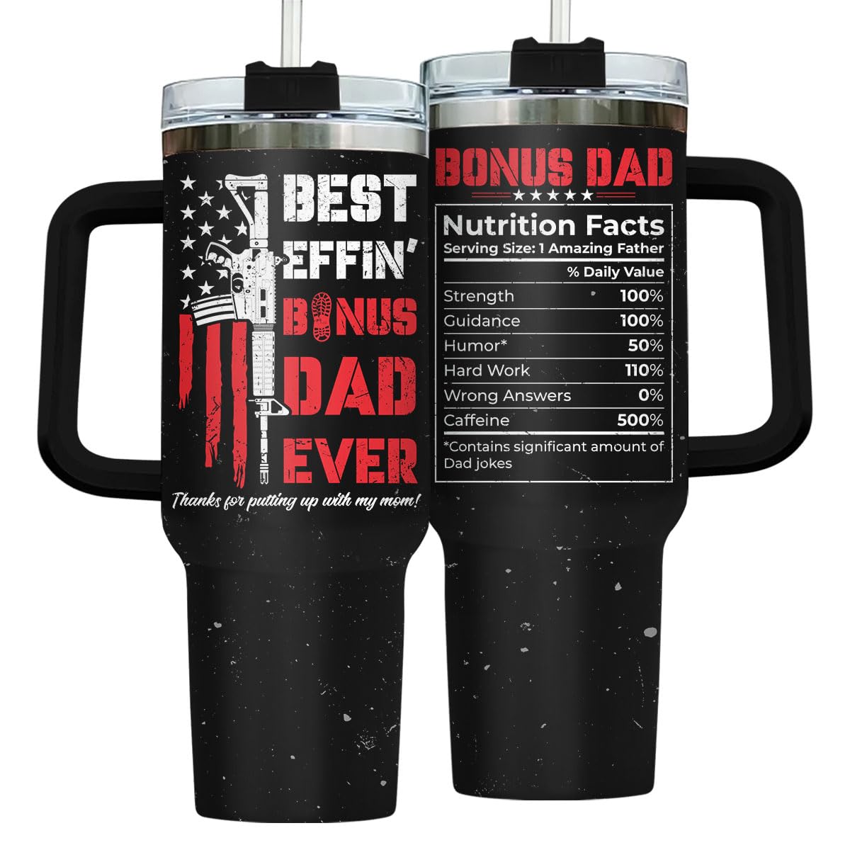 34HD Best Bonus Dad Tumbler with Handle & Straw, 40oz Vacuum Insulated Stepdad Cup with Nutrition Facts, Birthday Christmas Father Day Gifts for Adopted Stepup Dad Chosen Papa Stepfather