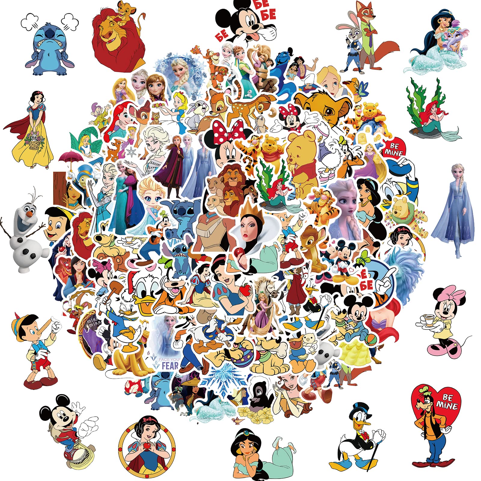 100pcs Disney Cartoon Stickers Gifts for Kids Girl, Cute Princess Waterproof Vinyl Decal for Teen Laptop Water Bottle Bike Guitar Phone Skateboard Luggage (100 Cartoon)