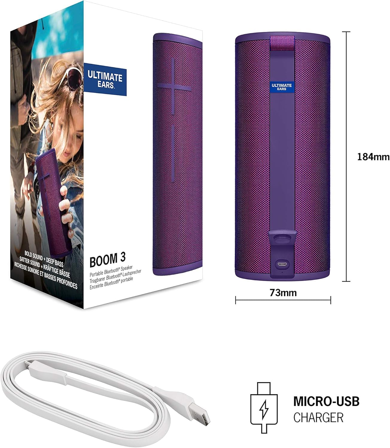Ultimate Ears Boom 3 Wireless Bluetooth Speaker, Bold Sound + Deep Bass, Bluetooth, Magic Button, Waterproof, 15 Hours Battery, Range of 150 ft - Ultraviolet Purple (Renewed)