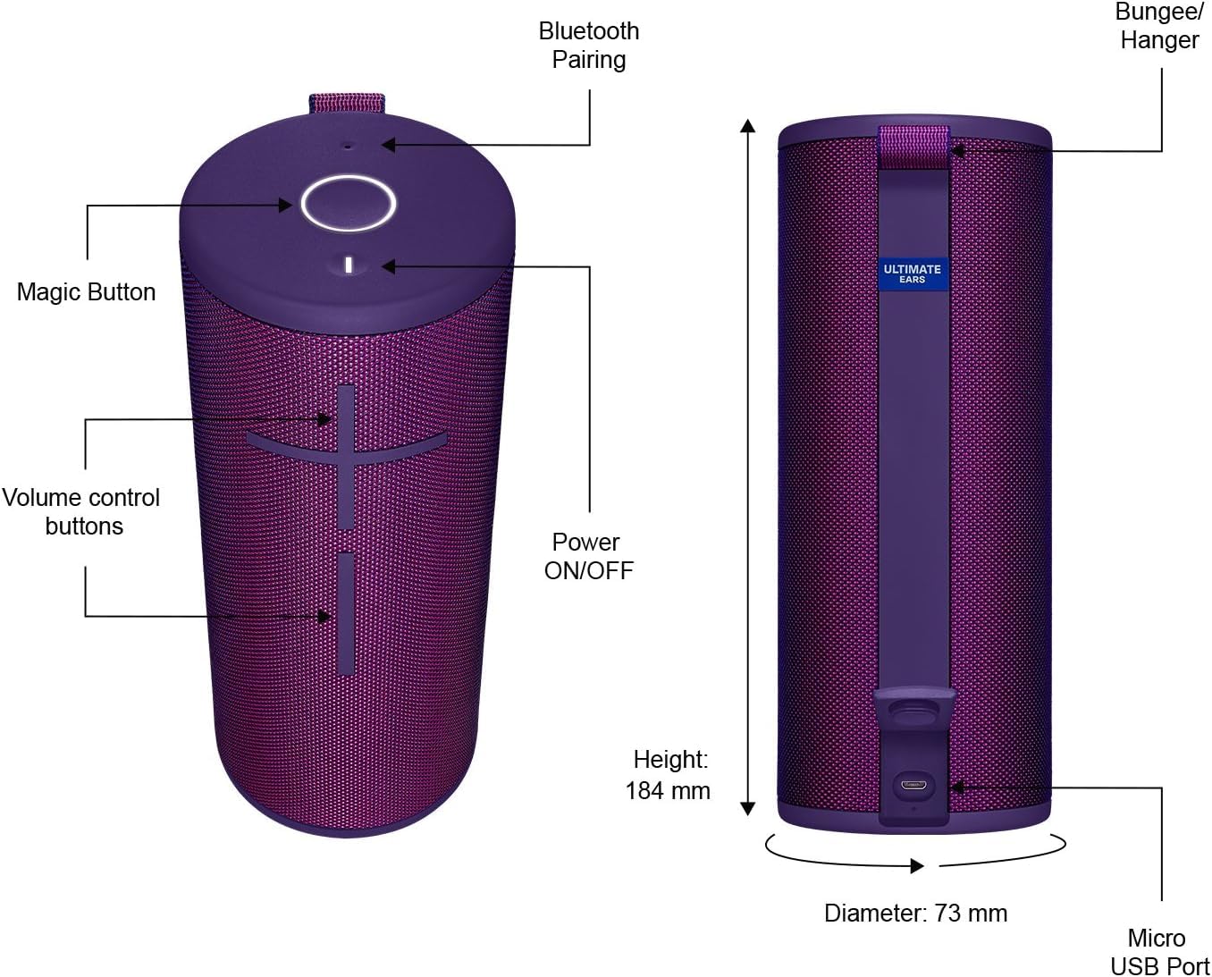 Ultimate Ears Boom 3 Wireless Bluetooth Speaker, Bold Sound + Deep Bass, Bluetooth, Magic Button, Waterproof, 15 Hours Battery, Range of 150 ft - Ultraviolet Purple (Renewed)