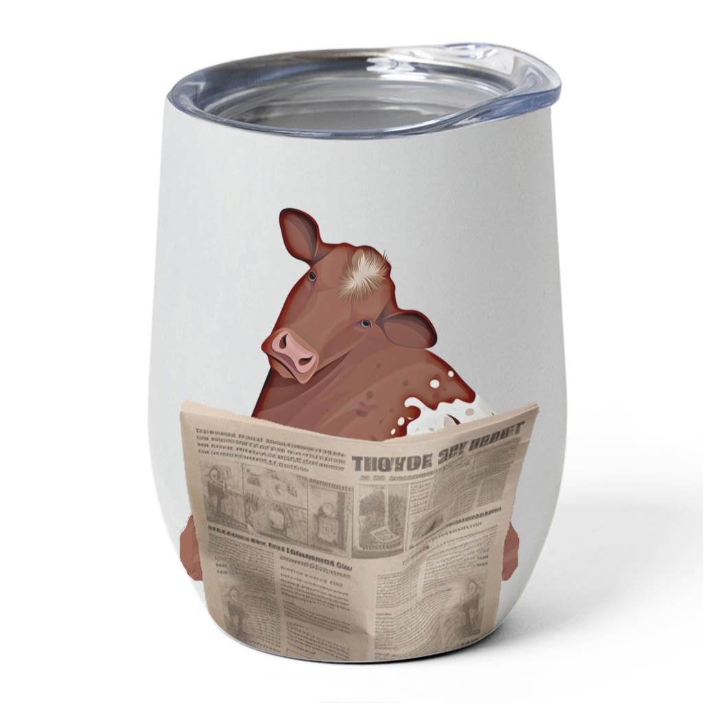 Shorthorn Cattle Cow Reading Newspaper Tumbler 12oz Stainless Steel Vacuum Insulated Wine Cup With Lid - Gifts for Cattle Lovers