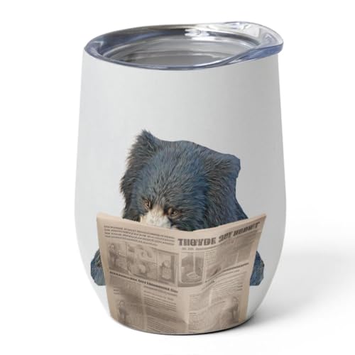 Sloth Bear Reading Newspaper Tumbler 12oz Stainless Steel Vacuum Insulated Wine Cup With Lid - Gifts for Bear Lovers