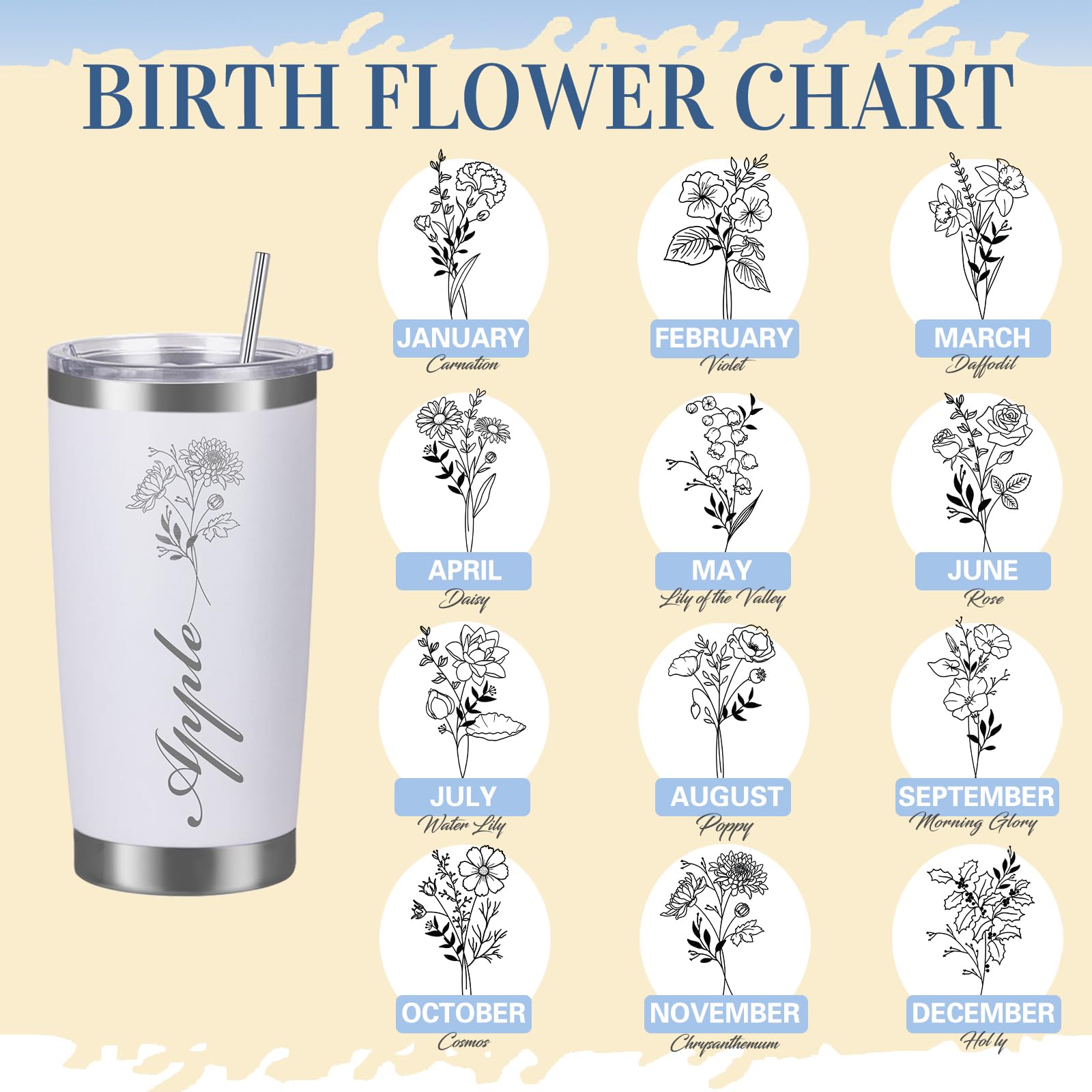Personalized Tumblers Custom 20oz Insulated Coffee Cups Birth Flower Cup with Names Lids and Straws Customized Engraved Stainless Steel Mug Cups for Women