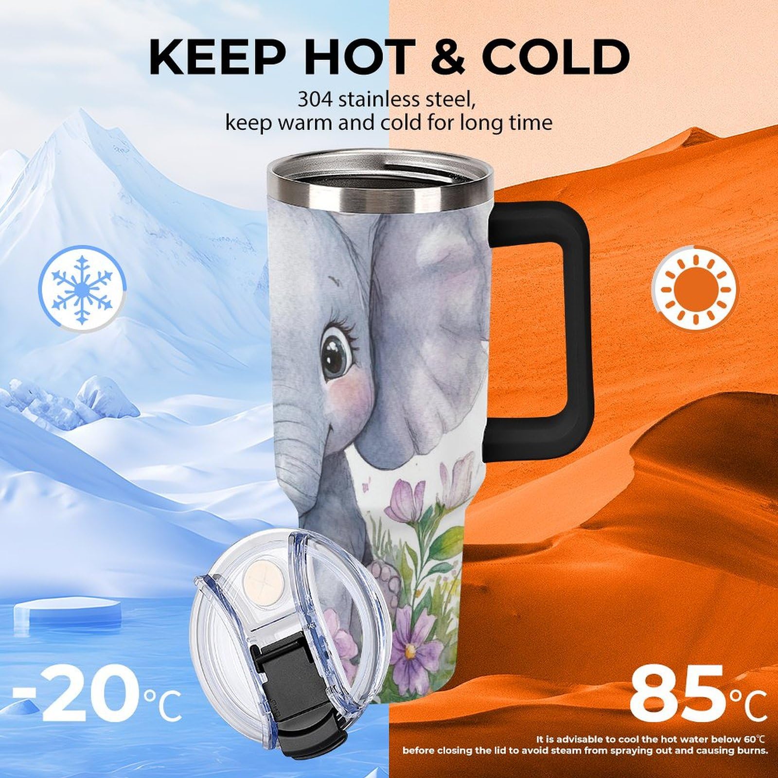 40 Oz Cute Baby Elephant Insulated Stainless Steel Tumbler with Handle & Straw Lid, Reusable Travel Cupholder Friendly Mug for Coffee, Water, Tea