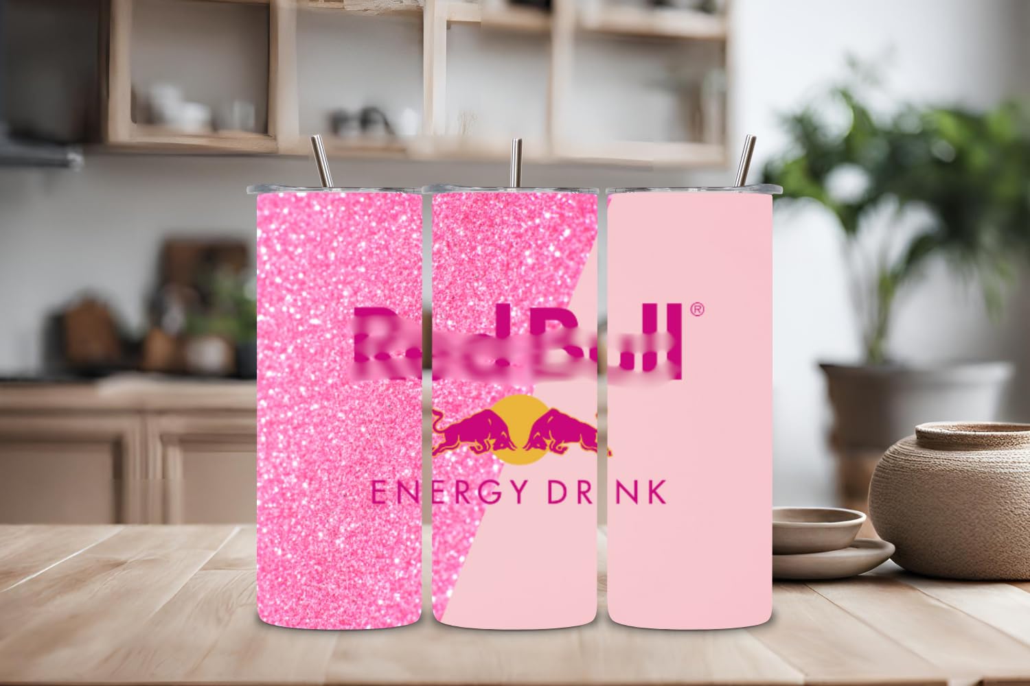 Stainless Steel 20 oz Double Wall Skinny Tumbler Cup Travel Mug with lid and straw Bad B Energy Pink Image Bull