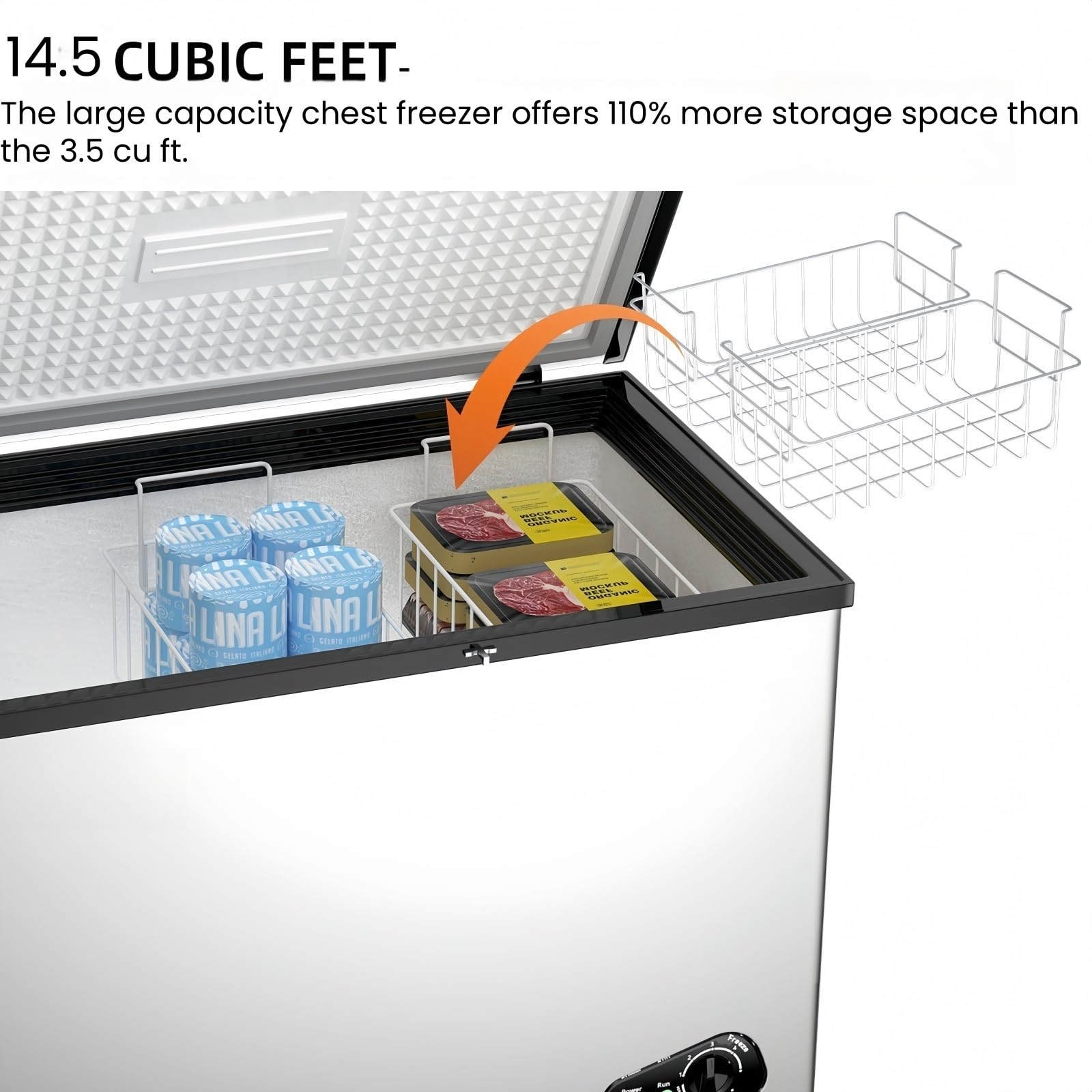 Large Commercial Chest Freezer 14.5 Cu Ft Deep Freezer with 2 Removable Basket and Adjustable Thermostat - Energy Saving Quiet for Home, Supermarkets, and Garages with Glass