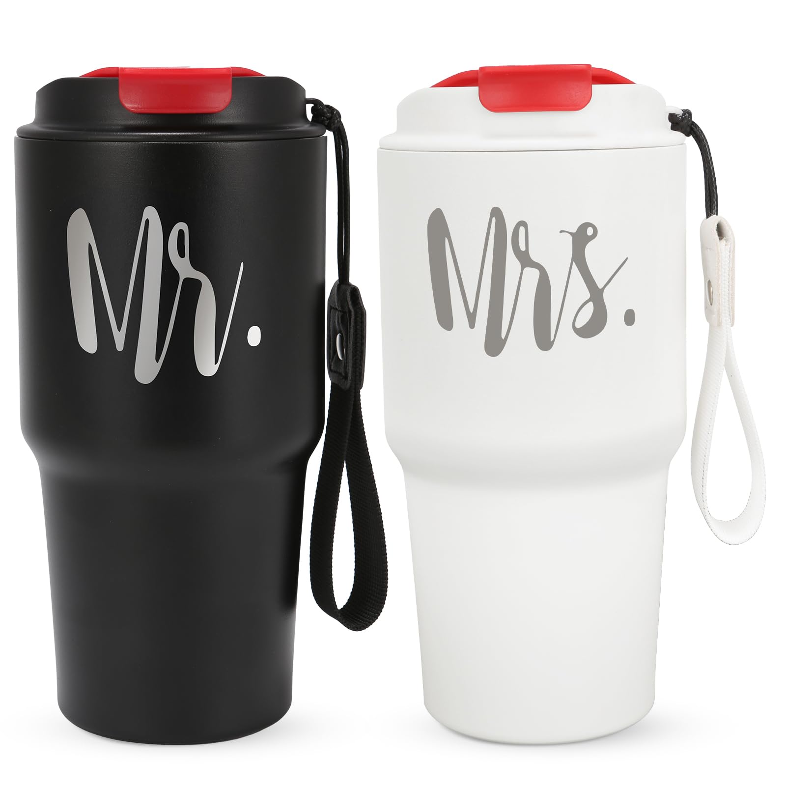 Mr & Mrs Tumblers Set, Mr and Mrs Stainless Steel Insulated Travel Mug Tumblers with Hand Strap, 20 oz Couples Drinking Coffee Cups for Newlyweds Engagement Wedding Gifts Bridal Shower Anniversary