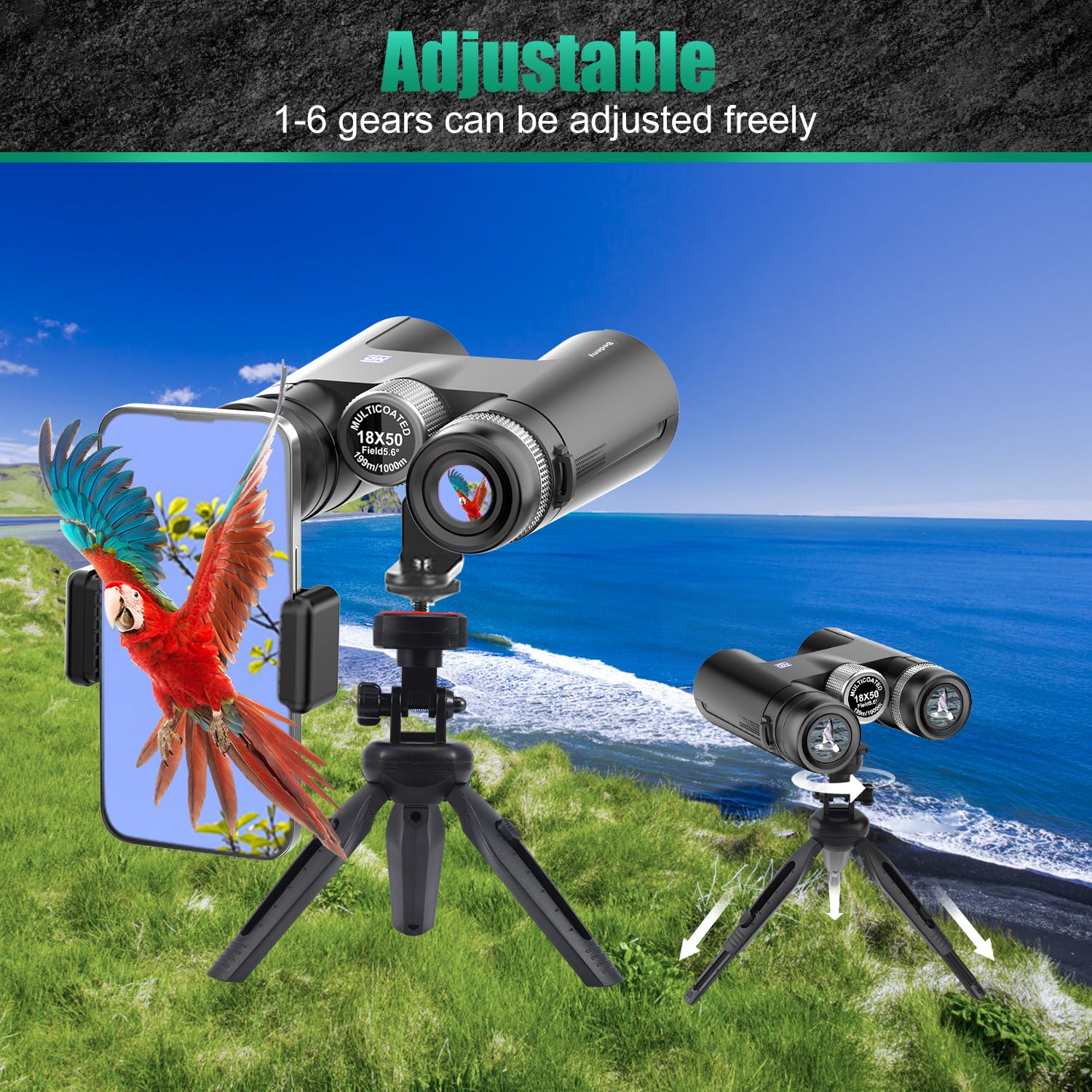 18x50 HD Binoculars for Adults with Upgraded Phone Adapter, Tripod and Tripod Adapter - High Powered with Super Bright and Large View for Bird Watching,Hunting,Travel