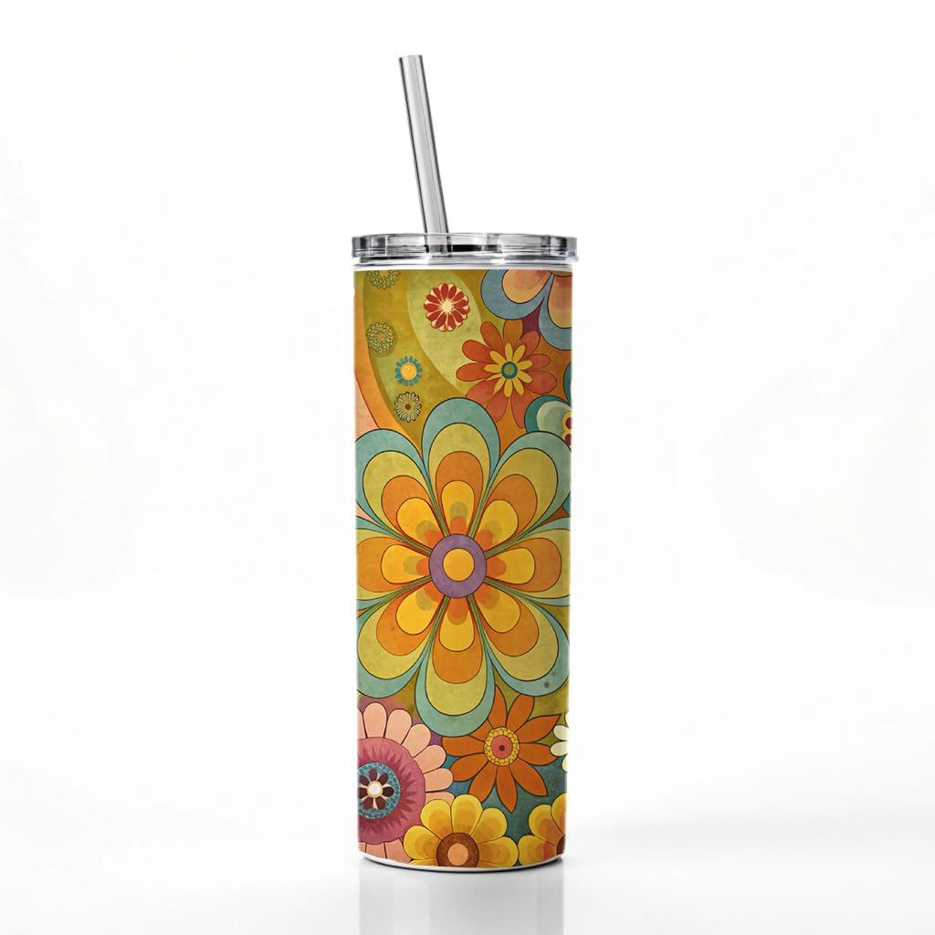 70's Retro Groovy Hippie Pretty Floral Design Skinny Tumbler 20oz with Straw Insulated Water Bottle Gift