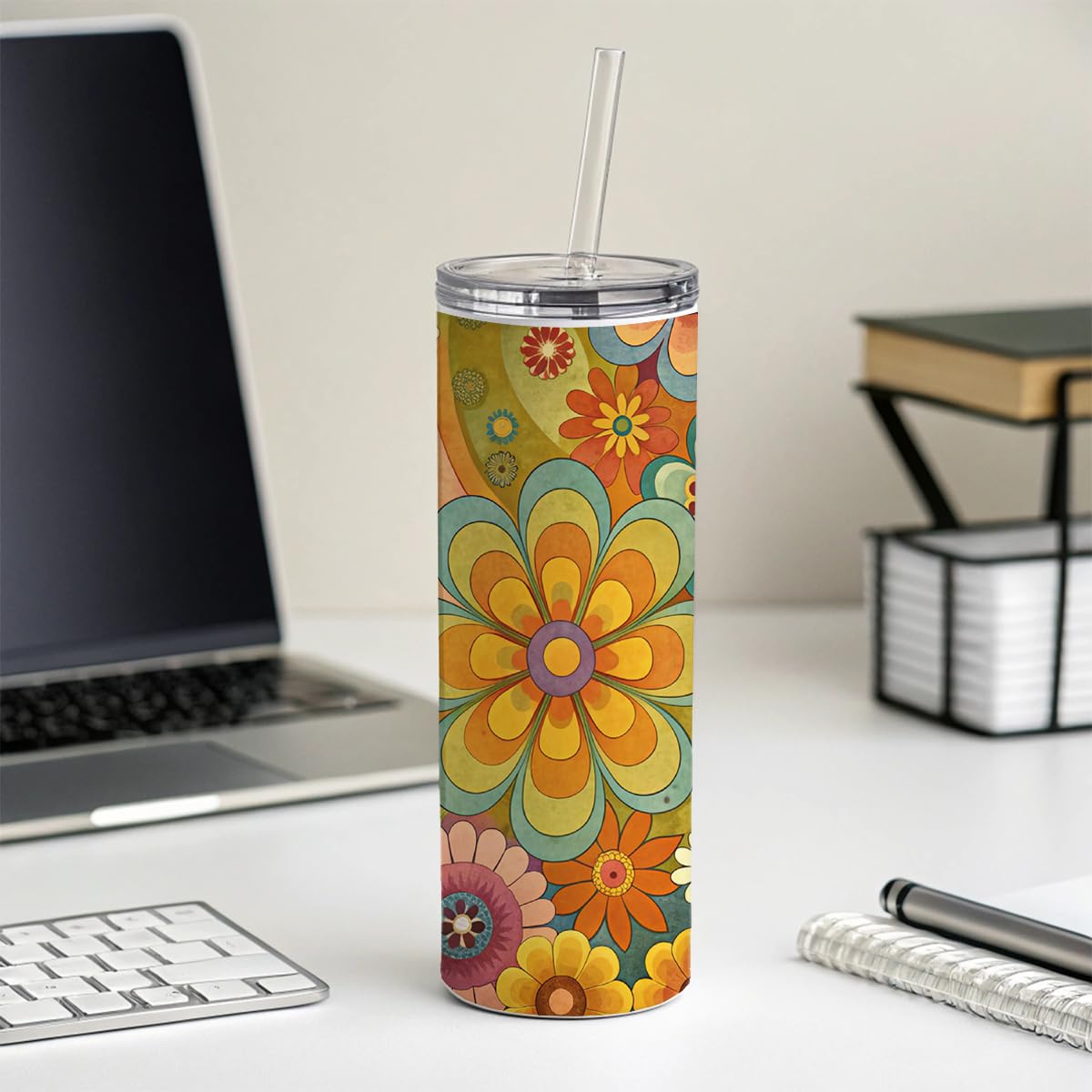 70's Retro Groovy Hippie Pretty Floral Design Skinny Tumbler 20oz with Straw Insulated Water Bottle Gift