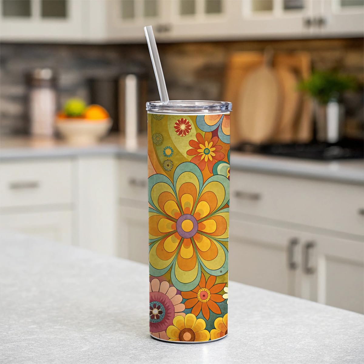 70's Retro Groovy Hippie Pretty Floral Design Skinny Tumbler 20oz with Straw Insulated Water Bottle Gift