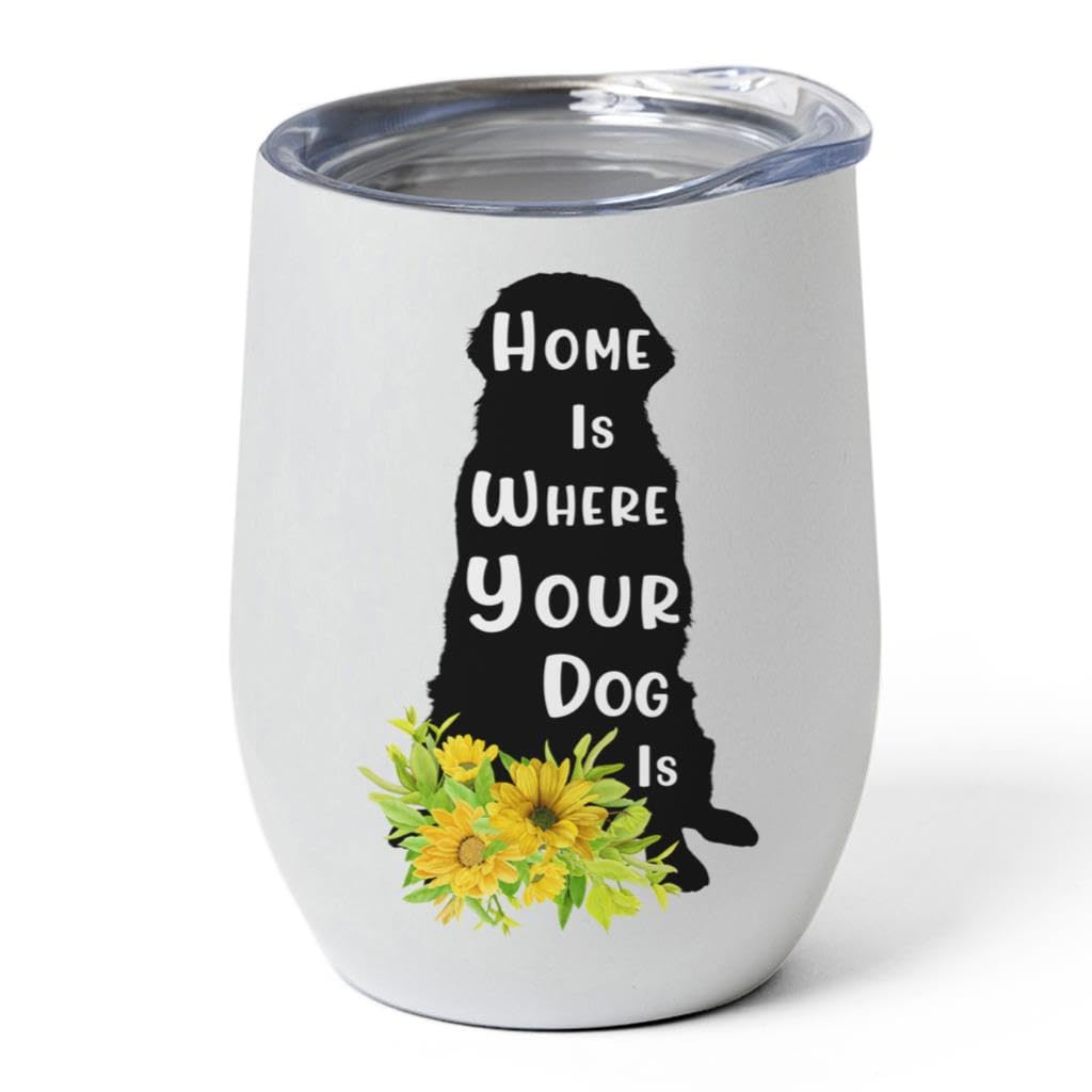 Landseer Dog Silhouette Wine Tumbler 12oz Stainless Steel Vacuum Insulated Cup With Lid - Home Is Where Your Beloved Animal - Gifts for Dog Lovers