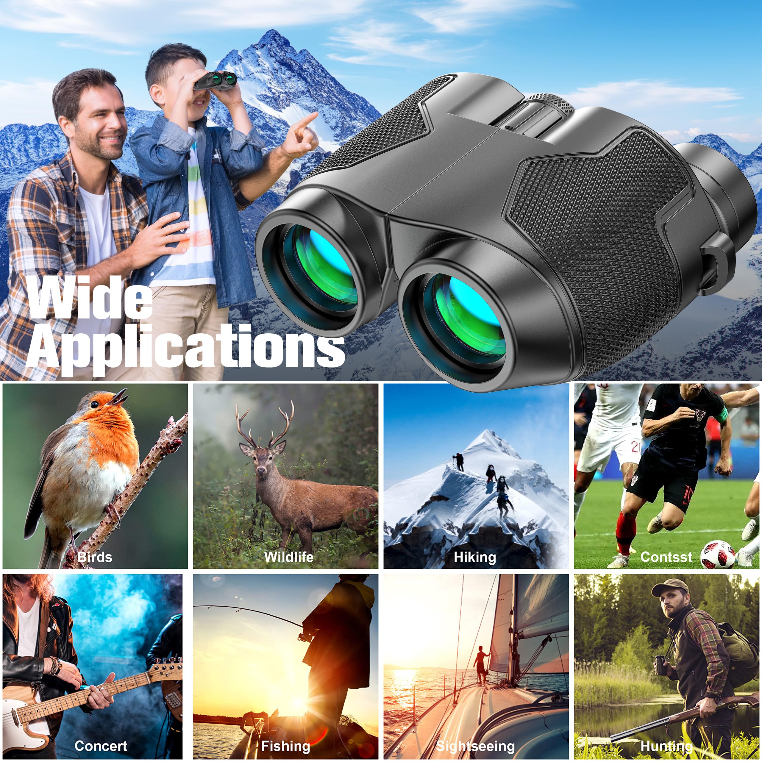Binoculars 12x25 for Adults and Kids Night Vision Binoculars Compact Binocular Large Eyepiece Waterproof Binocular Wide Field of View for Bird Watching,Hiking,Hunting,Concert with Carrying Bag