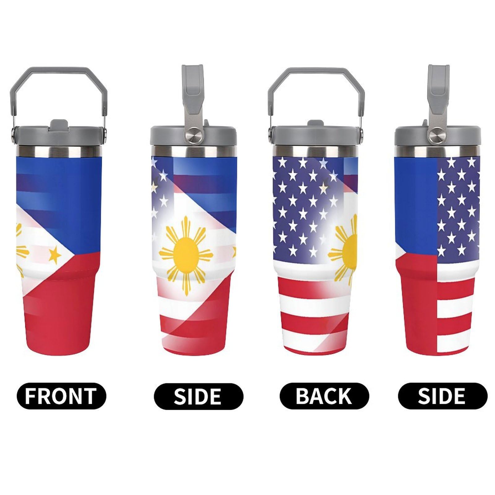U.S. Philippines Flag Cute 30 Oz Tumbler with Handle Large Insulated Cup Stainless Steel Mug Gifts for Women Men