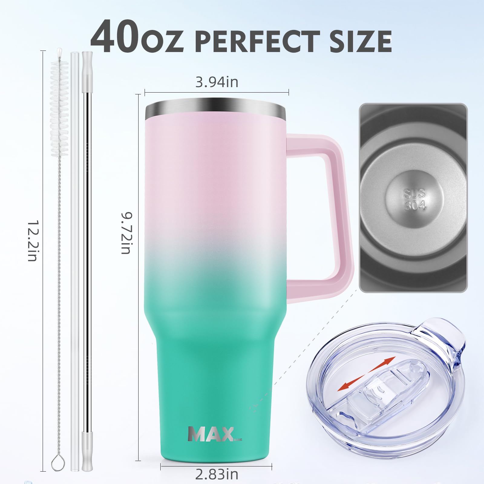 MaxBase 40 Oz Tumbler with Handle and Straw Lid, Insulated Reusable Stainless Steel Travel Mug Keeps Drinks Cold up to 34 Hours, 100% Leakproof Bottle (PinkGreen)