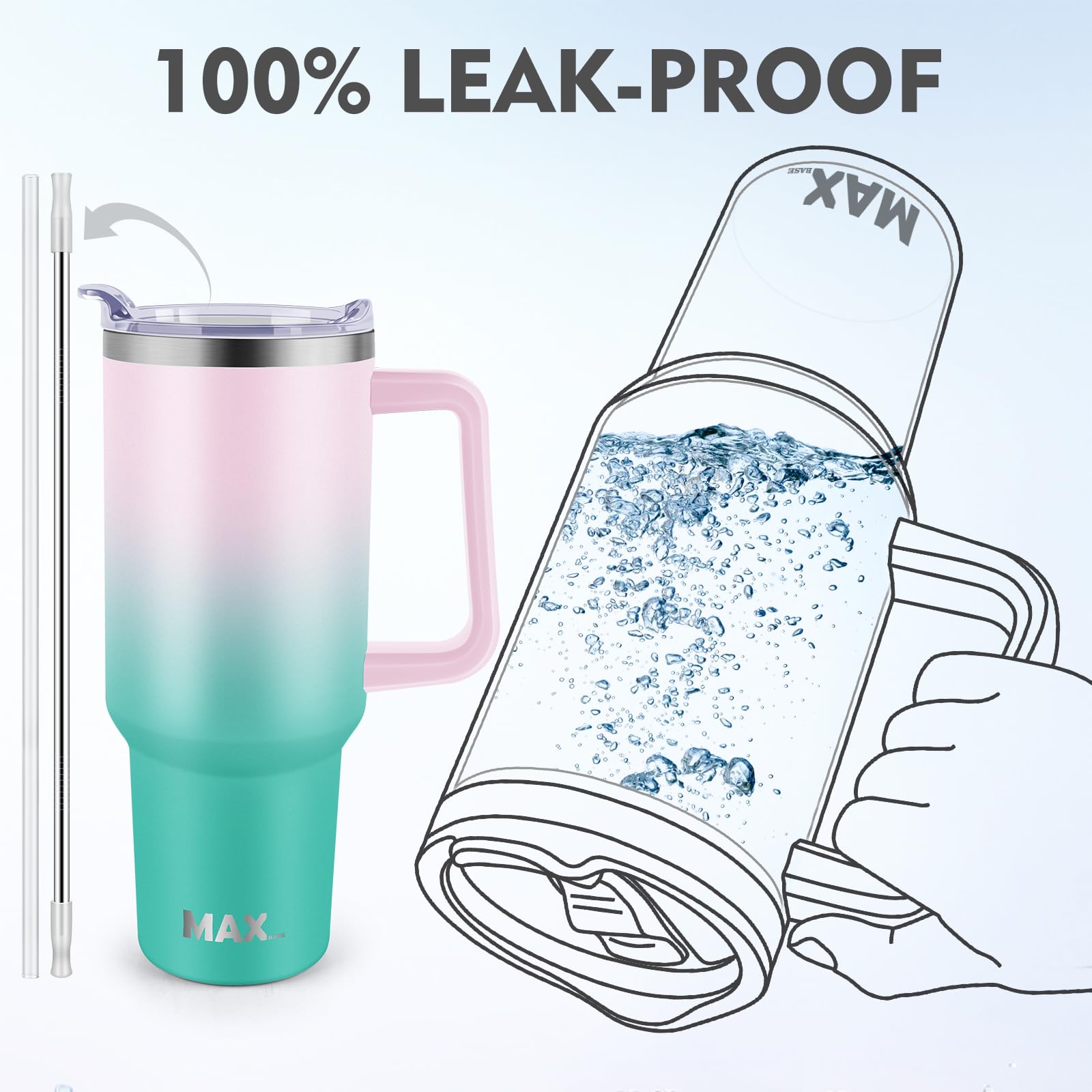 MaxBase 40 Oz Tumbler with Handle and Straw Lid, Insulated Reusable Stainless Steel Travel Mug Keeps Drinks Cold up to 34 Hours, 100% Leakproof Bottle (PinkGreen)