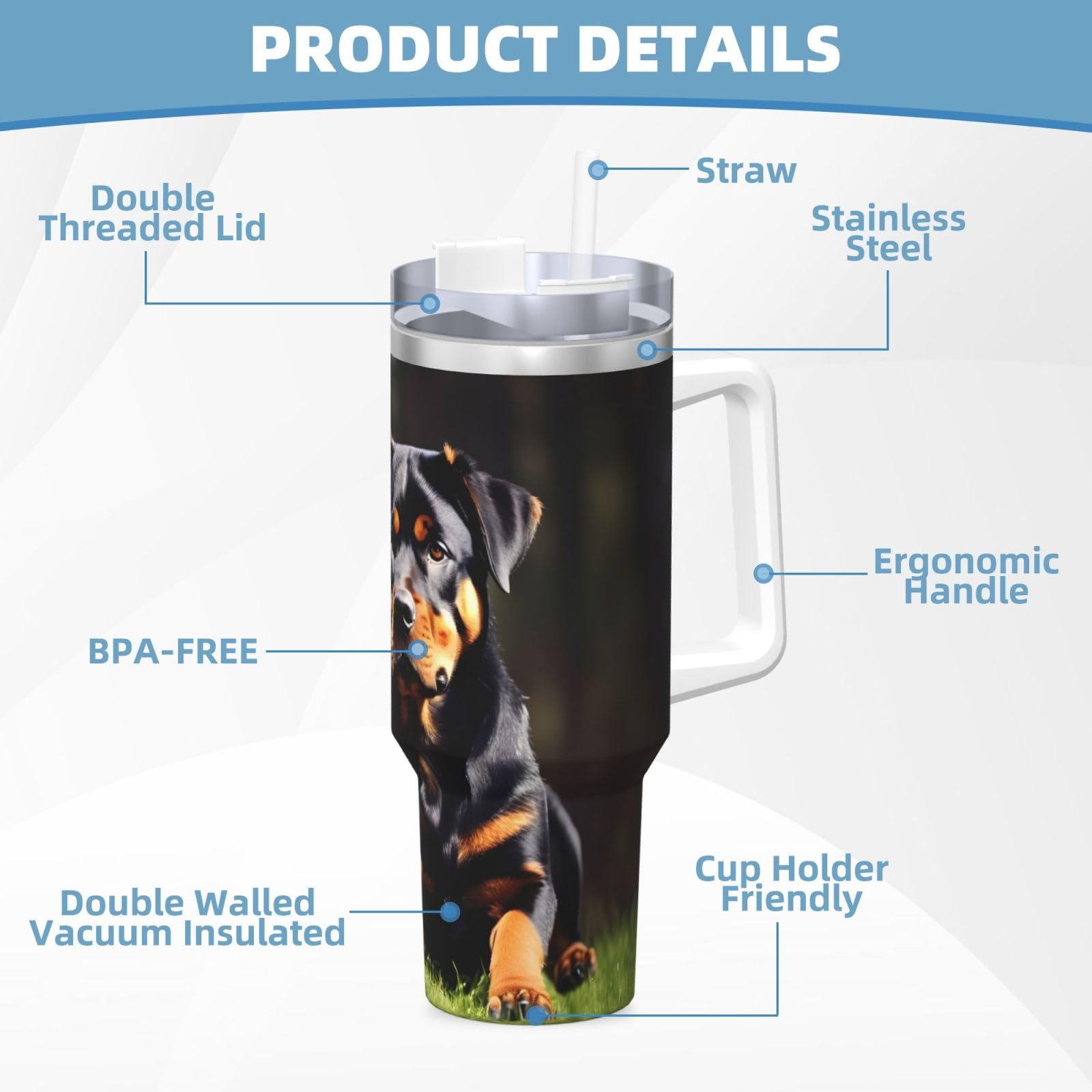VANTUT Rottweiler Wallpaper 40oz Ice Bully With Handle Portable For Hot Cold Drinks,Travel, Gym,Home,And Outdoor Activities