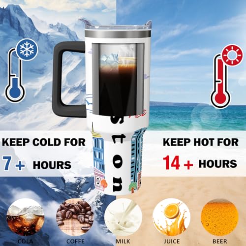 Vehcimbev City Themed Tumbler - 40oz With Hanld Stainless Steel Travel Coffee Mug with Leak Proof Lid - Hot/Cold Drinks,Perfect Boston Souvenir Gift (Boston)