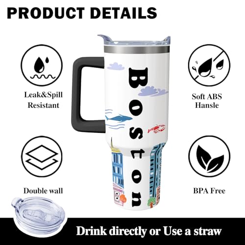 Vehcimbev City Themed Tumbler - 40oz With Hanld Stainless Steel Travel Coffee Mug with Leak Proof Lid - Hot/Cold Drinks,Perfect Boston Souvenir Gift (Boston)