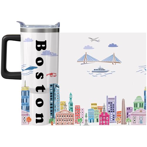 Vehcimbev City Themed Tumbler - 40oz With Hanld Stainless Steel Travel Coffee Mug with Leak Proof Lid - Hot/Cold Drinks,Perfect Boston Souvenir Gift (Boston)