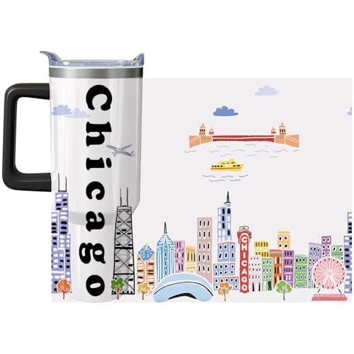 Vehcimbev City Themed Tumbler - 40oz With Hanld Stainless Steel Travel Coffee Mug with Leak Proof Lid - Hot/Cold Drinks,Perfect Chicago Souvenir Gift (Chicago)