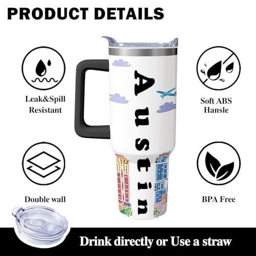 Vehcimbev City Themed Tumbler - 40oz With Hanld Stainless Steel Travel Coffee Mug with Leak Proof Lid - Hot/Cold Drinks,Perfect Austin Souvenir Gift (Austin)