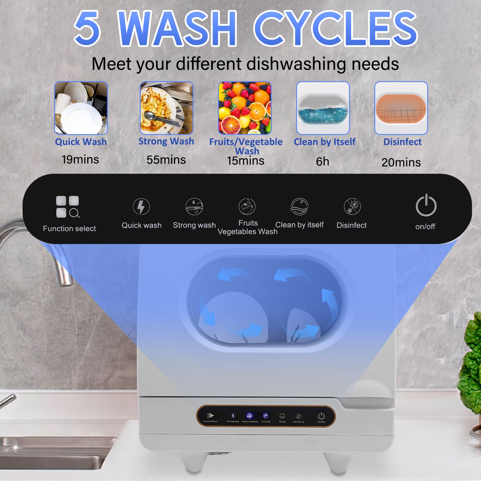 JLYNOWPT Countertop Dishwasher Portable Dishwasher with 5L Built-In Water Tank Mini Dish Washer with 5 Washing Programs and 360° Dual Spray for Small Apartments and Rvs