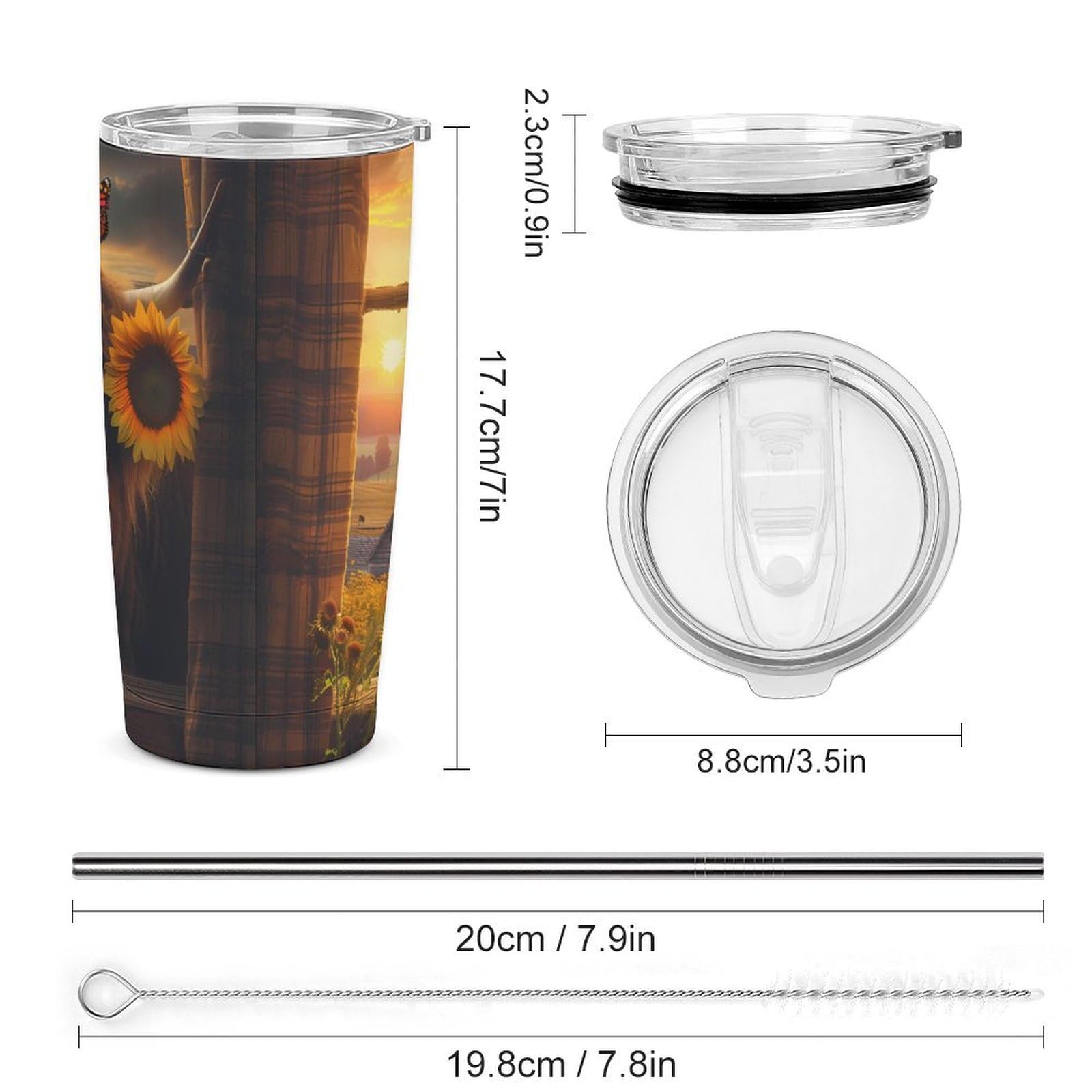 Highland Cow From Window Sunflower Sunset 20 Oz Tumbler with Straw Lid Insulated Travel Coffee Mug Large Capacity Car Cup