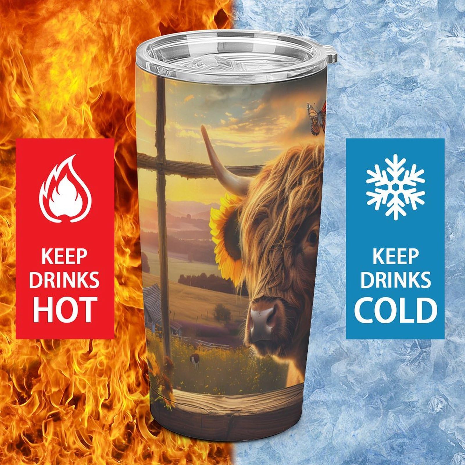 Highland Cow From Window Sunflower Sunset 20 Oz Tumbler with Straw Lid Insulated Travel Coffee Mug Large Capacity Car Cup