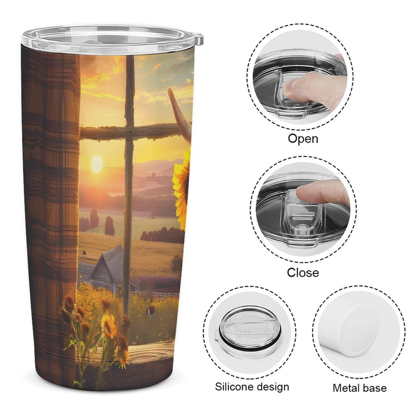 Highland Cow From Window Sunflower Sunset 20 Oz Tumbler with Straw Lid Insulated Travel Coffee Mug Large Capacity Car Cup