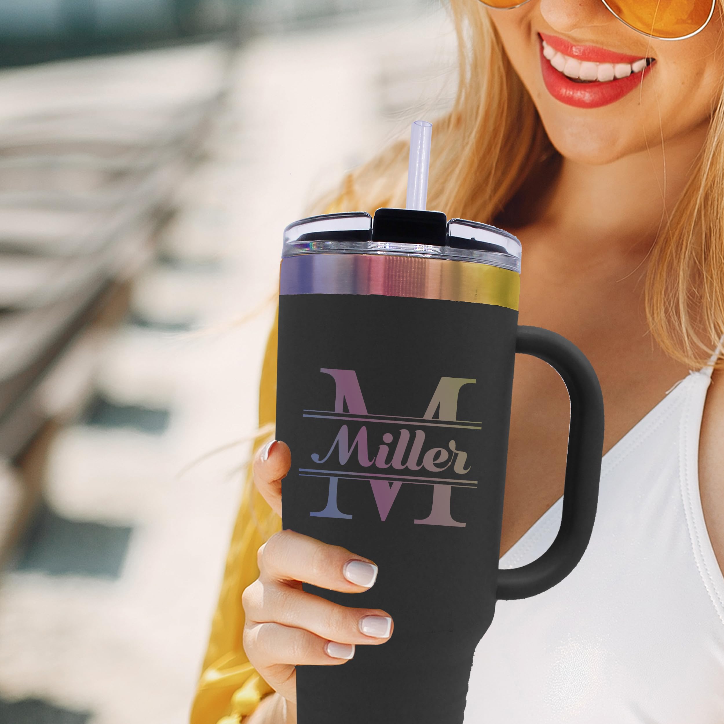 Custom Monogrammed 40 oz Tumbler with Handle, Lid and Straw - Personalized Insulated Stainless Steel Large Cup (Black with Prism)