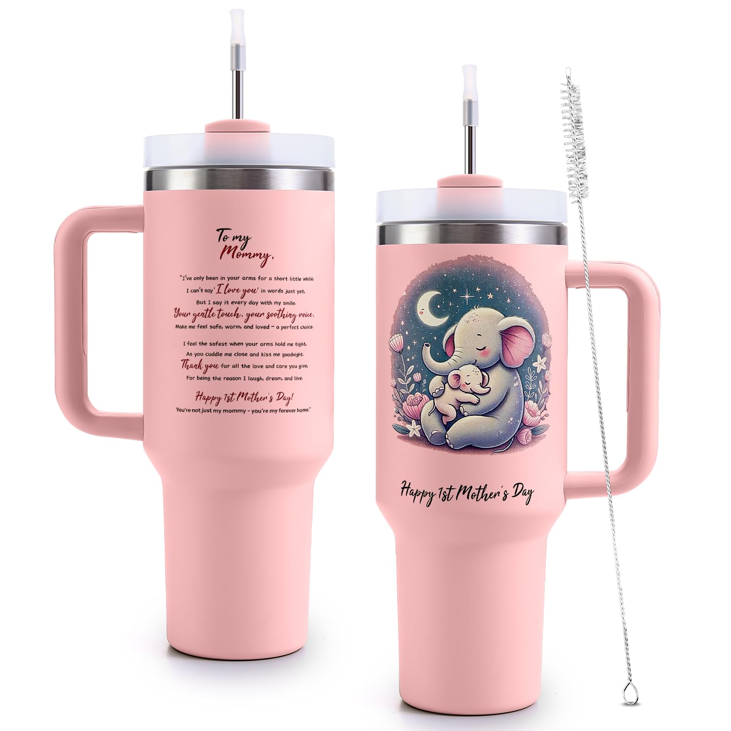 VoziSpace First Mothers Day Gifts – Happy 1st Mother’s Day Tumbler 40oz – Stainless Steel Cup with Lid & Straw – Insulated Coffee Travel Mug for Mom-to-Be, Baby Shower Gifts, New Mom Present