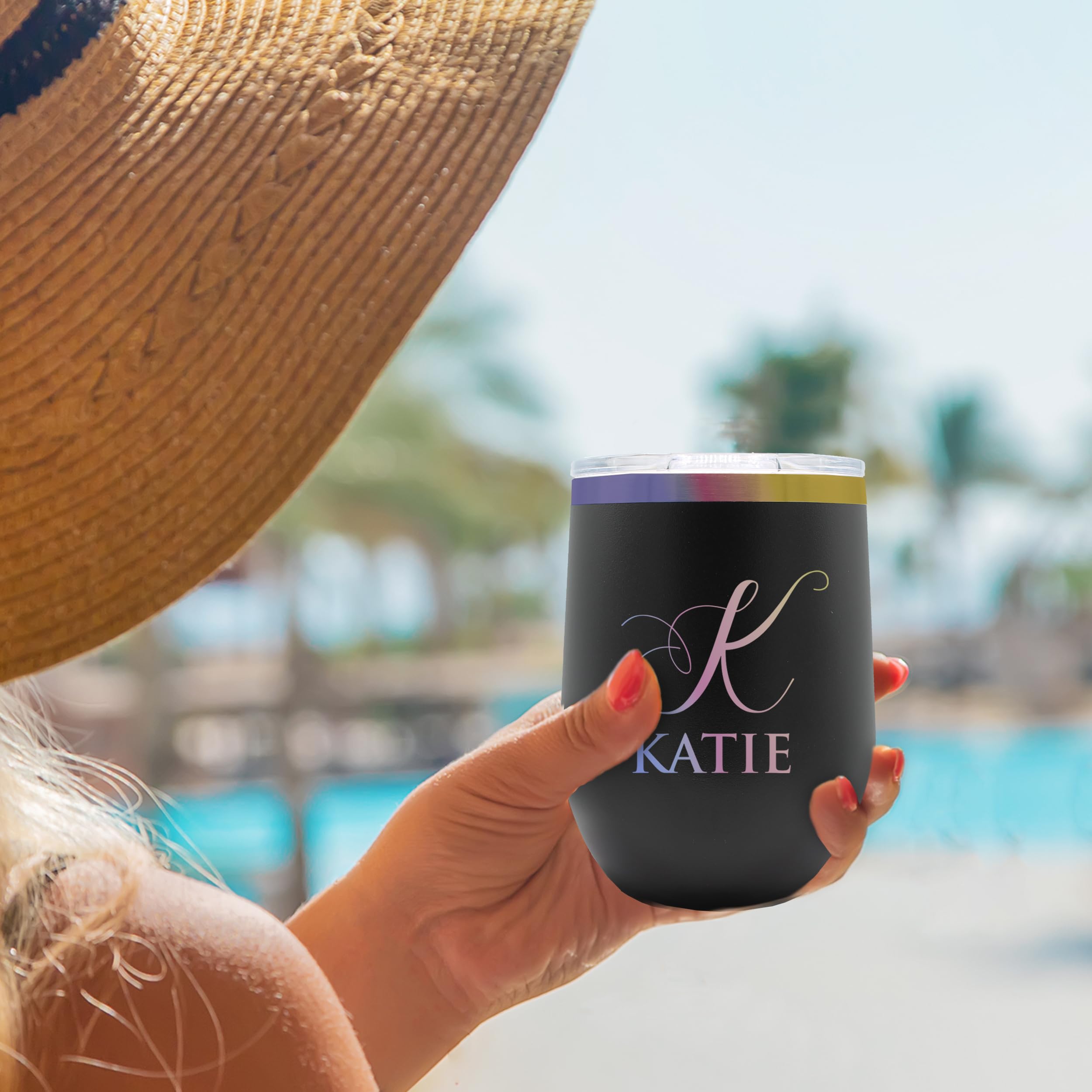 Custom Engraved Insulated Stemless Wine Tumbler Cup - Personalized Bridesmaid Beach Pool Girls Fun - Monogrammed (Black with Prism)
