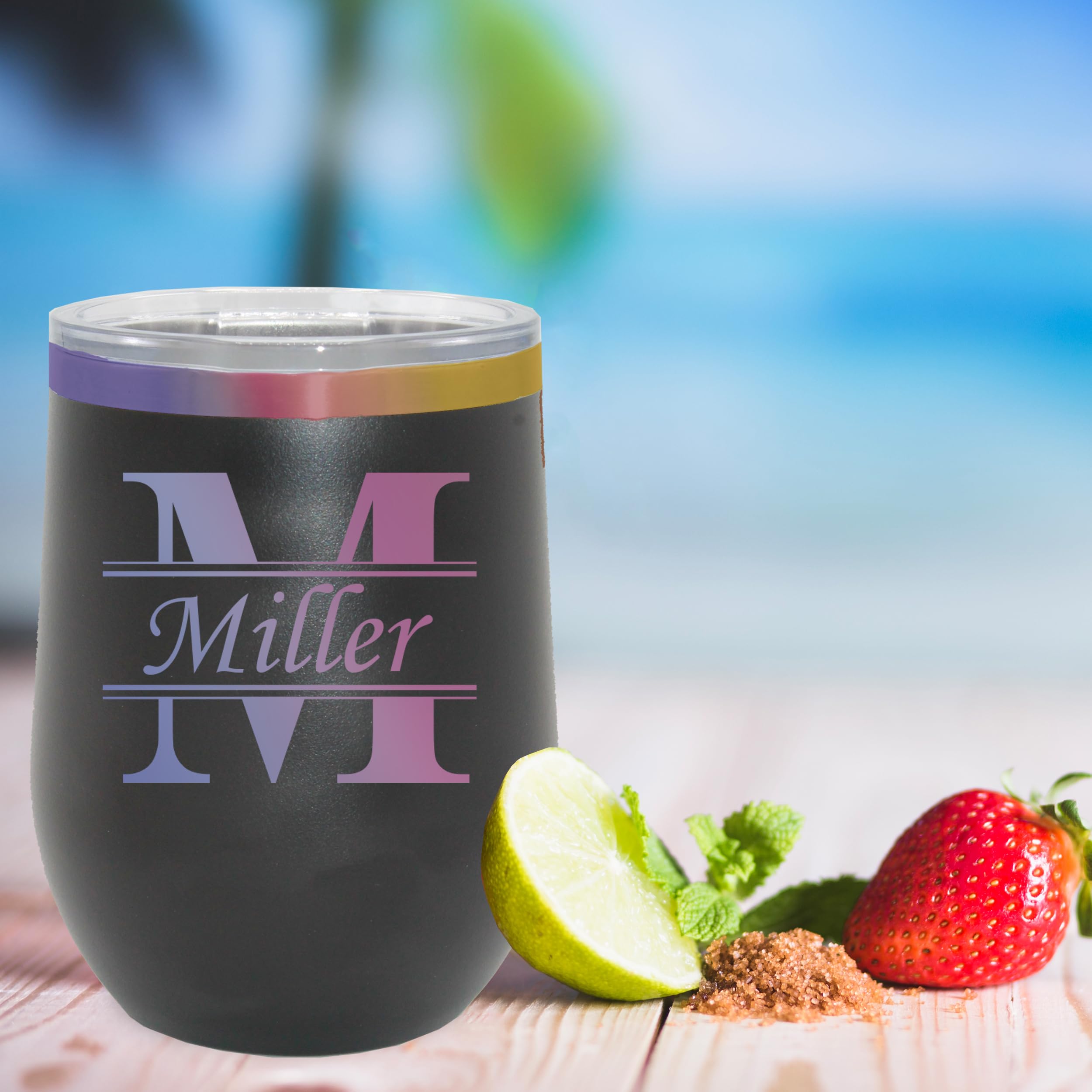 Custom Engraved Insulated Stemless Wine Tumbler Cup - Personalized Bridesmaid Beach Pool Girls Fun - Monogrammed (Black with Prism)