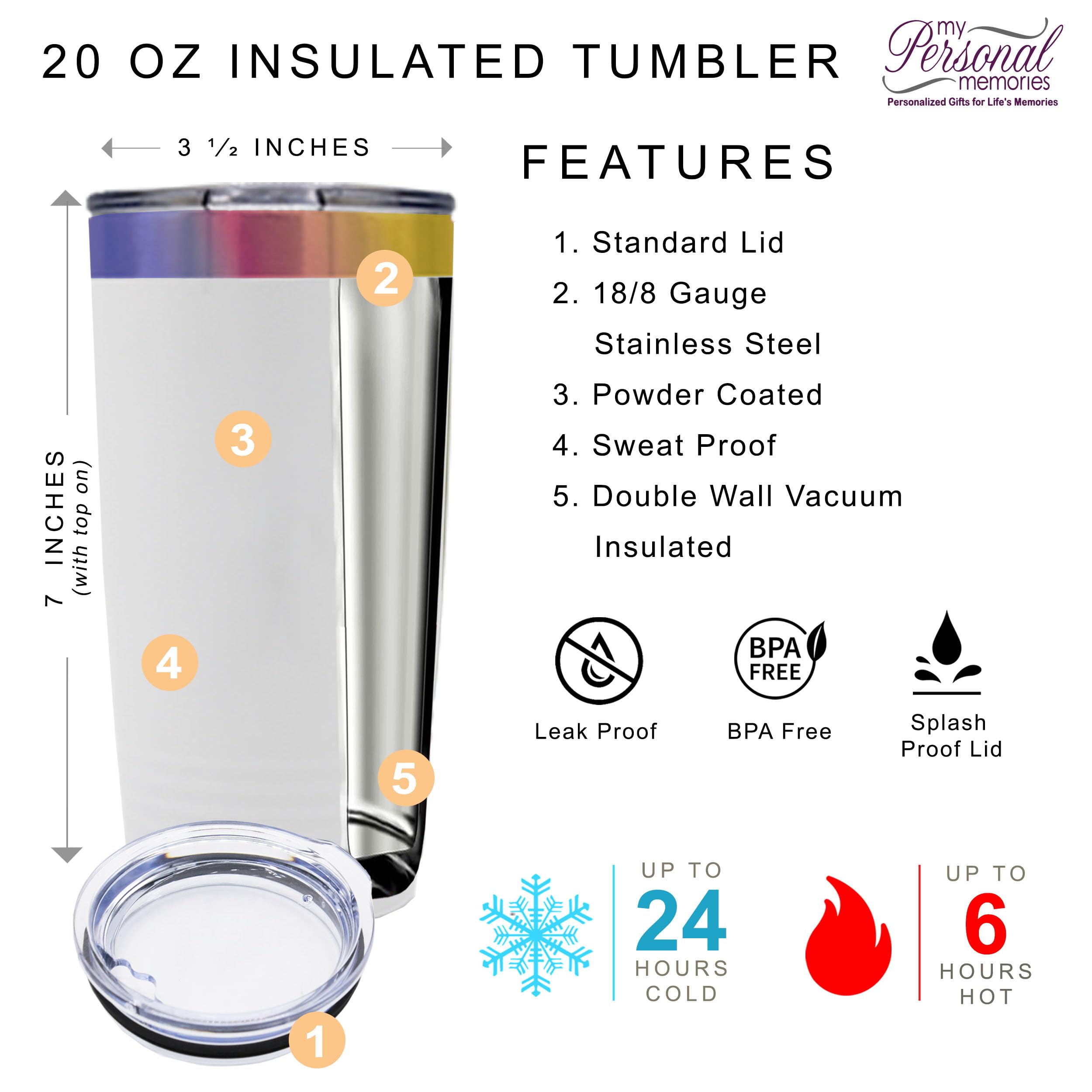 Customized Personalized Stainless Steel Travel Tumbler with Lid - Engraved Double-Wall Vacuum Insulated for Him, Her Your Custom Text (White with Prism, 20 oz)