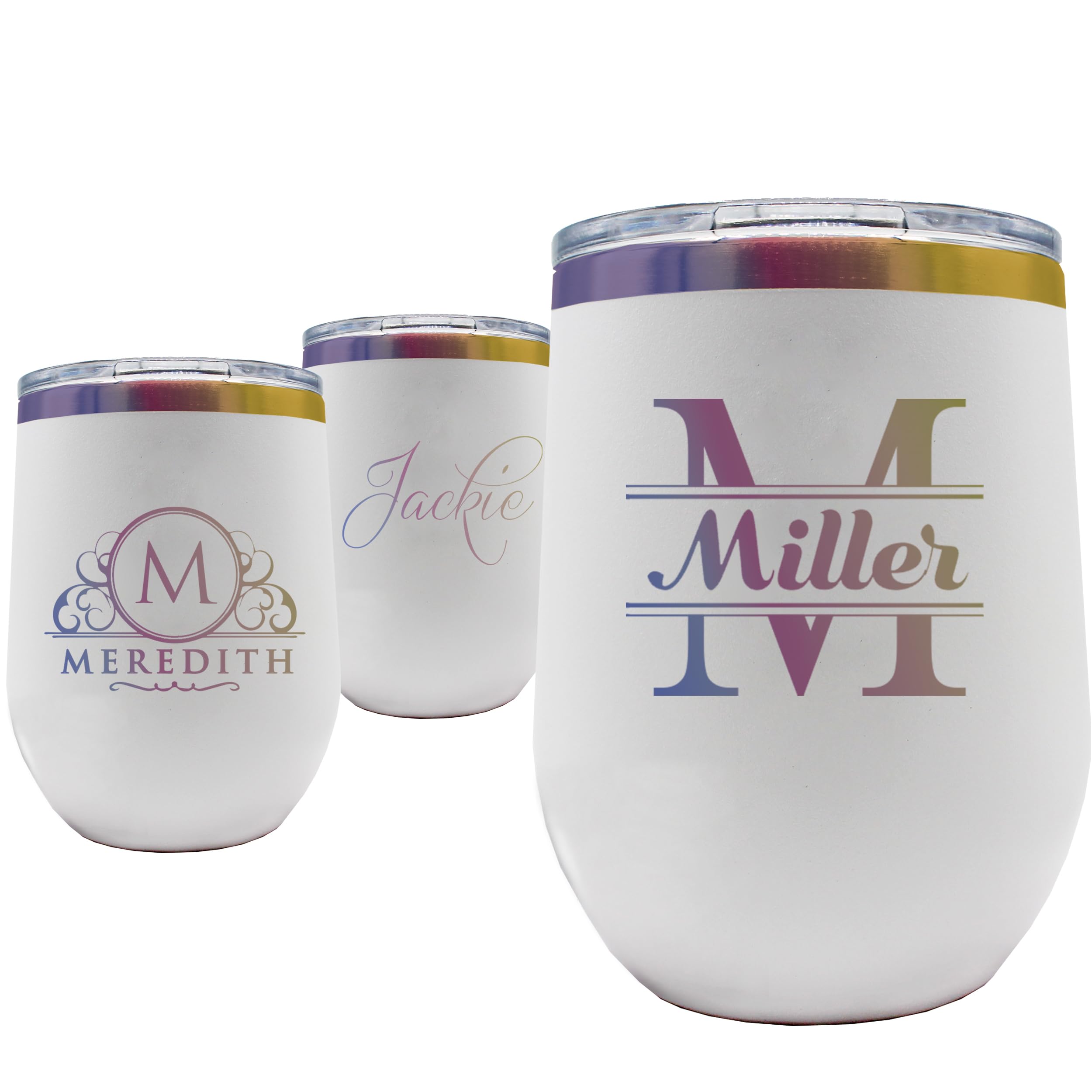 Personalized 12 oz Insulated Stemless Wine Tumbler - Custom Engraved and Monogrammed (White with Prism)