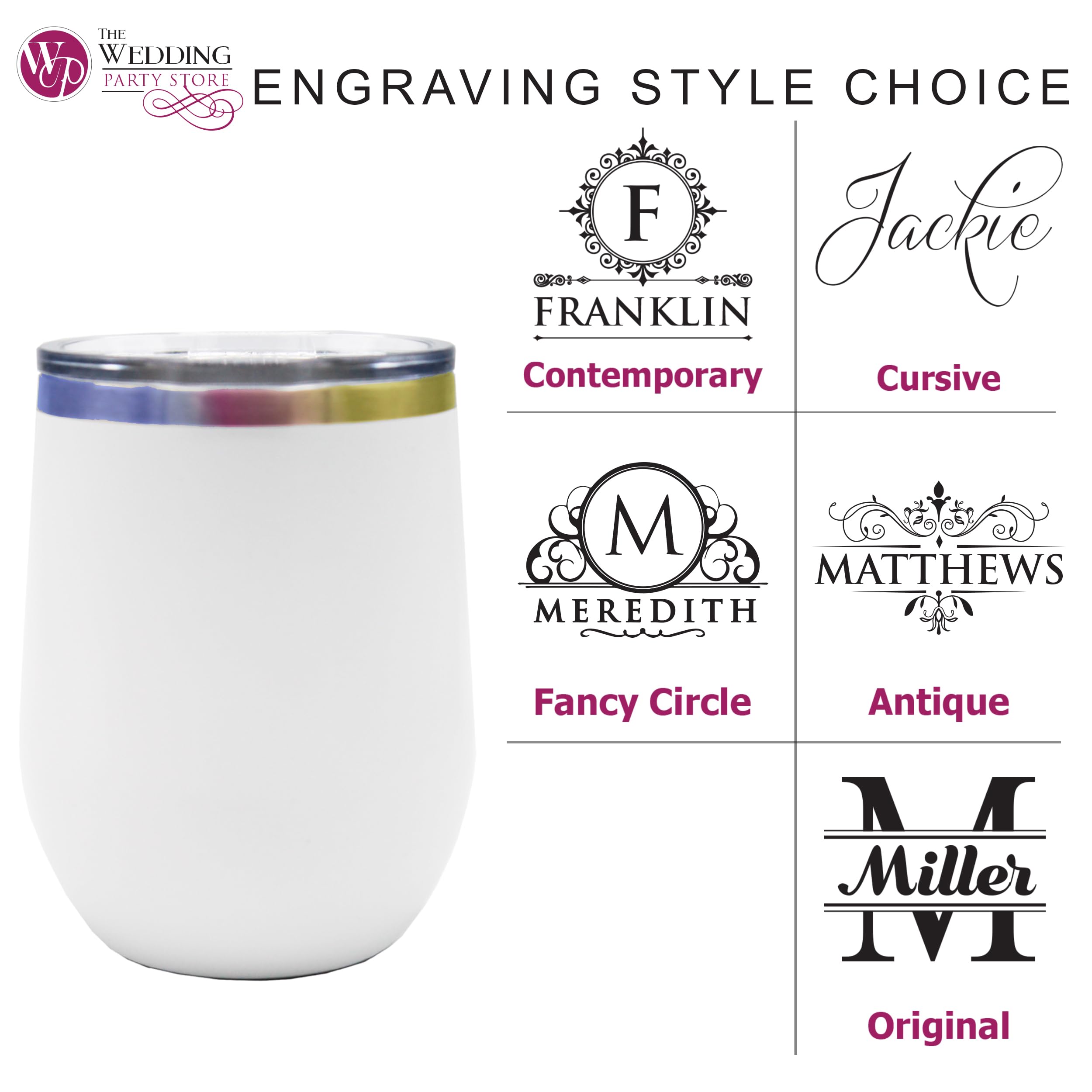 Personalized 12 oz Insulated Stemless Wine Tumbler - Custom Engraved and Monogrammed (White with Prism)