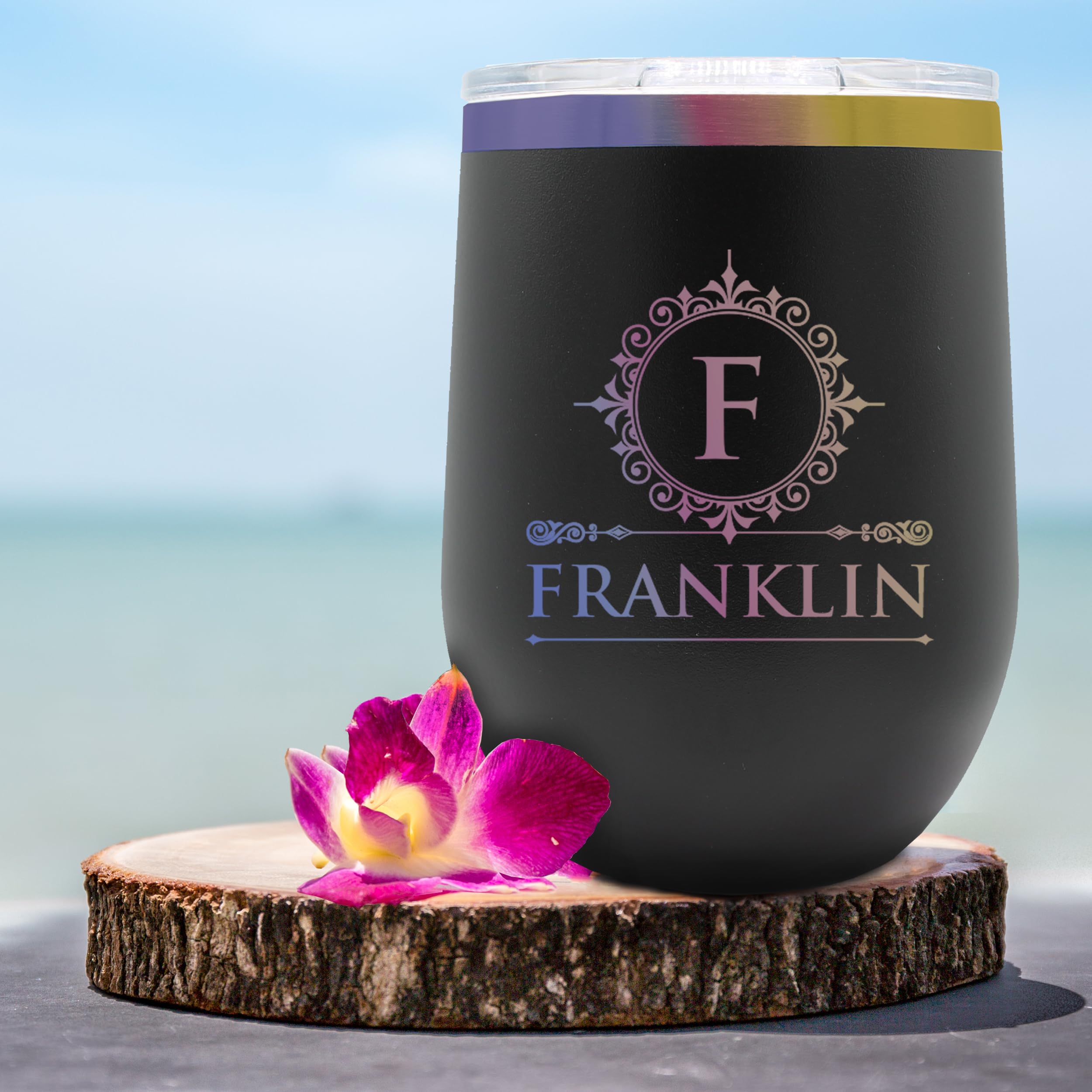 Personalized 12 oz Insulated Stemless Wine Tumbler - Custom Engraved and Monogrammed (Black with Prism)