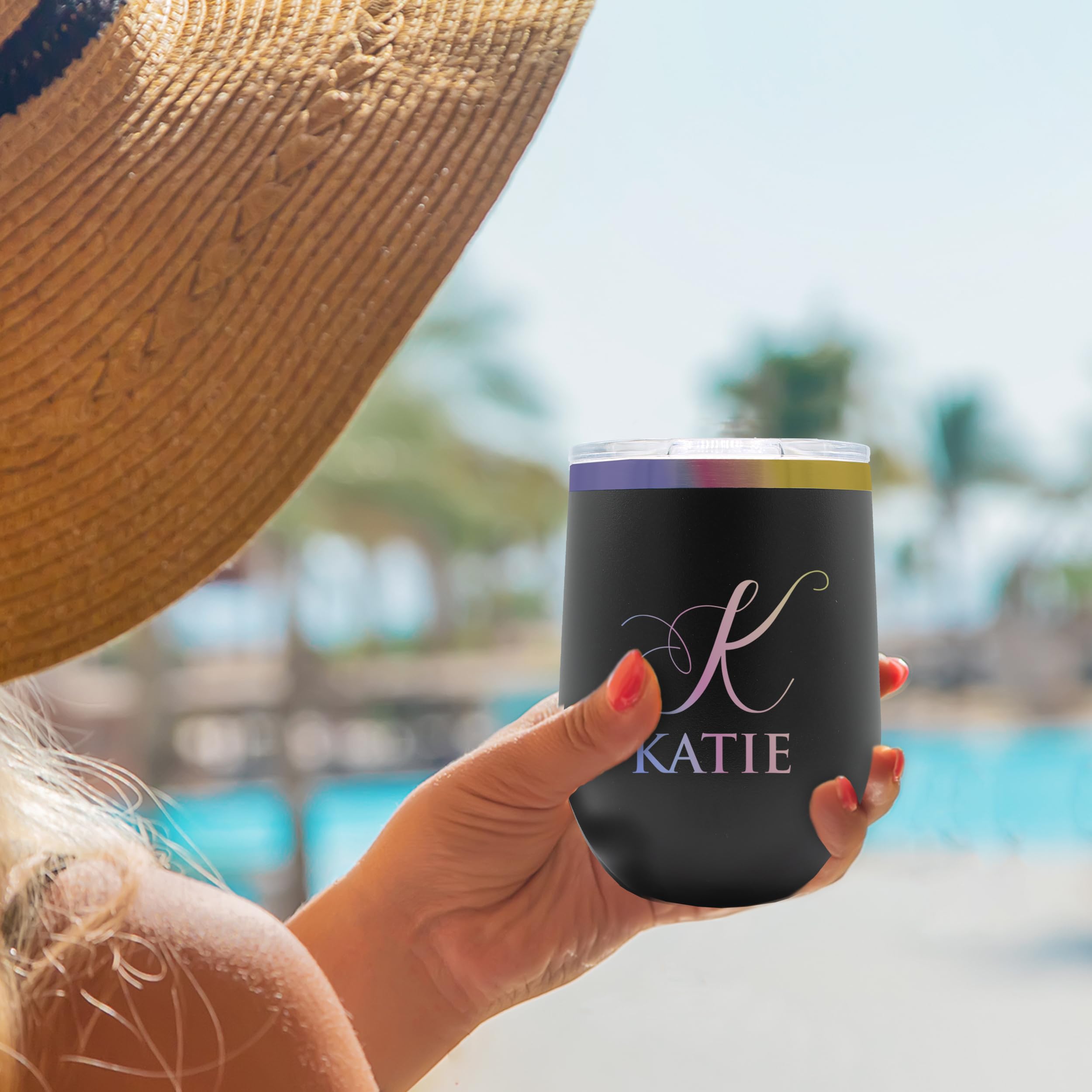 Personalized 12 oz Insulated Stemless Wine Tumbler - Custom Engraved and Monogrammed (Black with Prism)