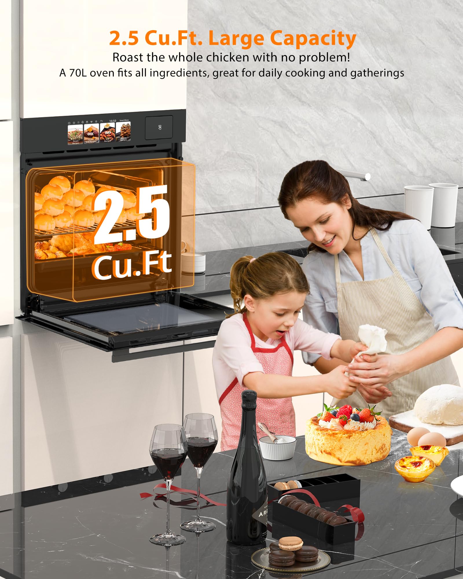 Ecoexplorer 24in Single Wall Oven, Built-in Electric Ovens with Steam&Grill&Air Frying Mode, 3000W, 240V, 2.5Cu.ft Stainless Steel Convection Built-in Oven, Advanced TFT Screen