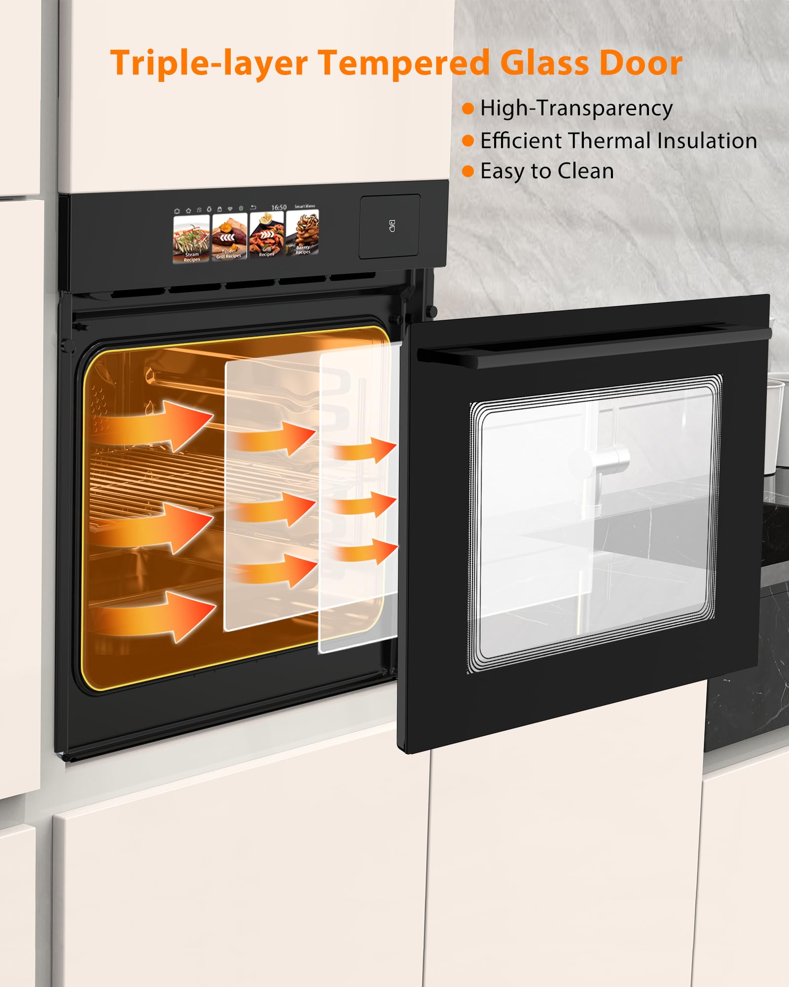 Ecoexplorer 24in Single Wall Oven, Built-in Electric Ovens with Steam&Grill&Air Frying Mode, 3000W, 240V, 2.5Cu.ft Stainless Steel Convection Built-in Oven, Advanced TFT Screen