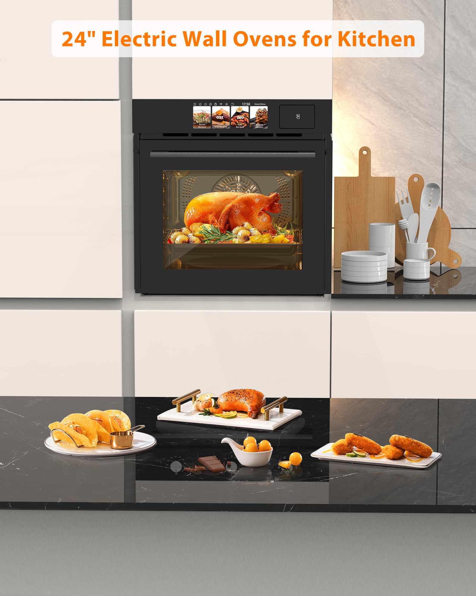 Ecoexplorer 24in Single Wall Oven, Built-in Electric Ovens with Steam&Grill&Air Frying Mode, 3000W, 240V, 2.5Cu.ft Stainless Steel Convection Built-in Oven, Advanced TFT Screen
