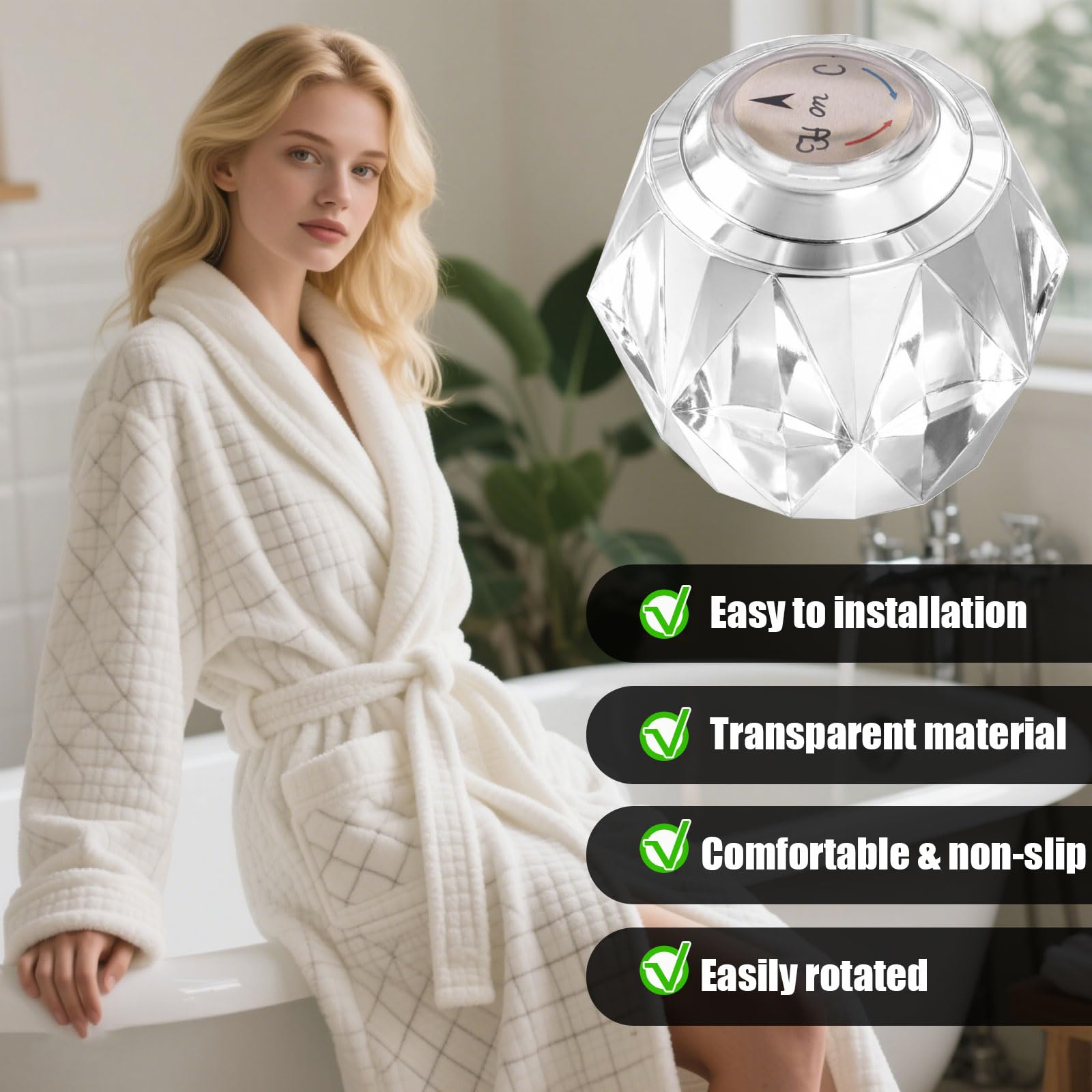 Ryutain Crystal Glass Faucet Handle, Hot and Cold Temperature Control, Diamond-Cut Design，Compatible with Delta Faucet RP2391，Suitable for Showers/bathtubs.QXBS-1