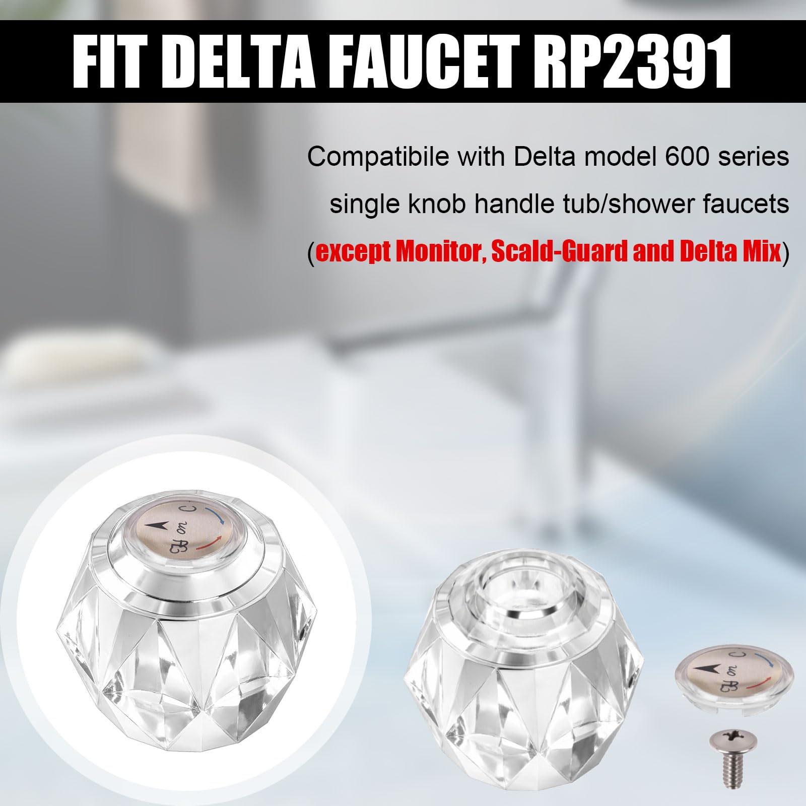 Ryutain Crystal Glass Faucet Handle, Hot and Cold Temperature Control, Diamond-Cut Design，Compatible with Delta Faucet RP2391，Suitable for Showers/bathtubs.QXBS-1