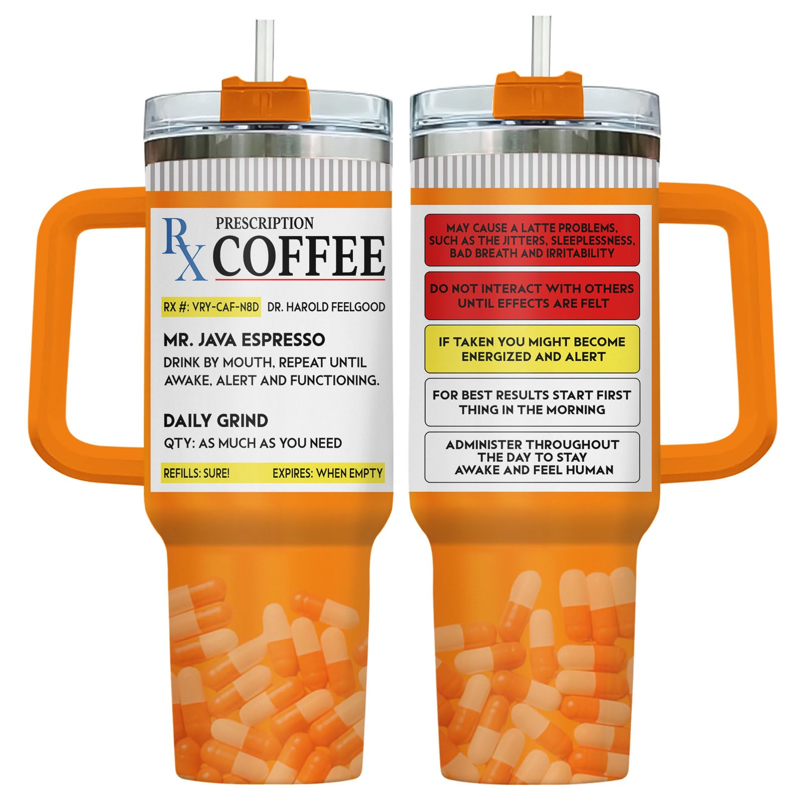 34HD Rx Prescription Tumbler with Handle and Straw, 40oz Prescription Coffee Cup, Coffee Lovers Gifts, Funny Medical Gifts for Phamarcists, Nurses, Doctors, Hospital Workers