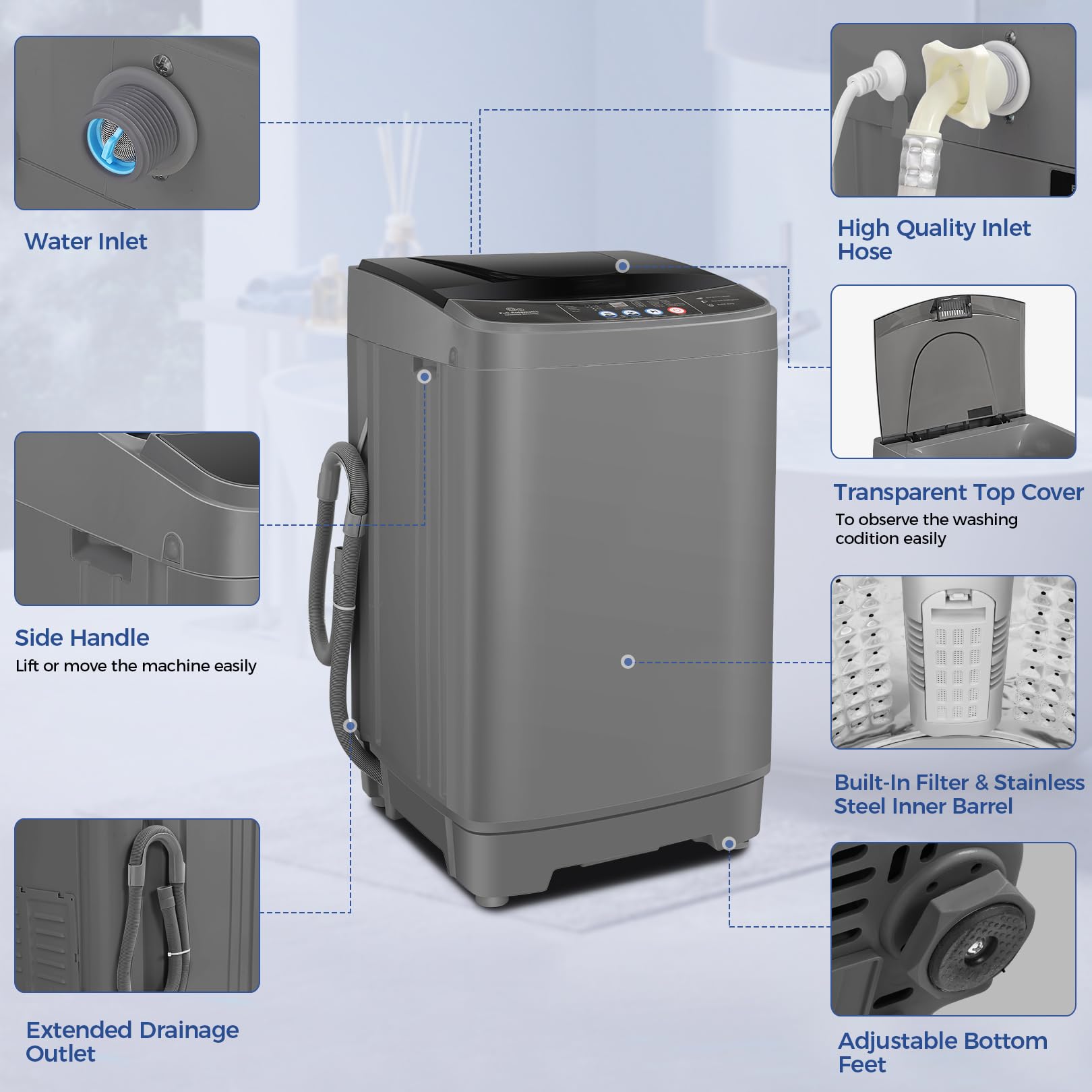 Nictemaw Portable Washing Machine 20Lbs Portable Washer Machine with Drain Pump, 2.8 Cu.ft Compact Washer with 10 Programs 8 Water Levels Small Washing Machine for Apartment, Home, Dorms, Rv