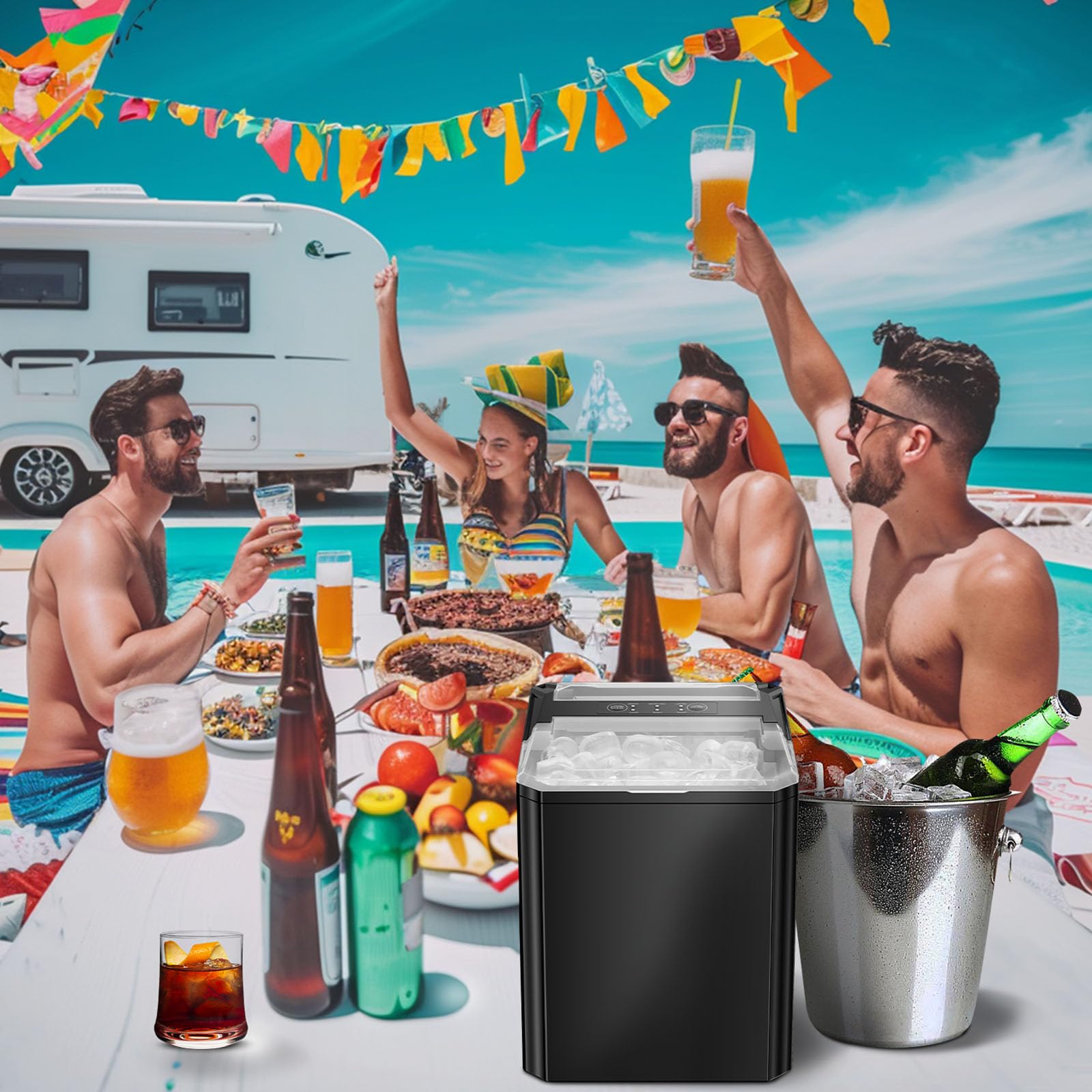 Sweetcrispy Countertop Ice Maker, Portable Ice Machine Self-Cleaning, 9 Cubes in 6 Mins, 26 lbs/24Hrs, 2 Sizes of Bullet Ice for Home Party Office