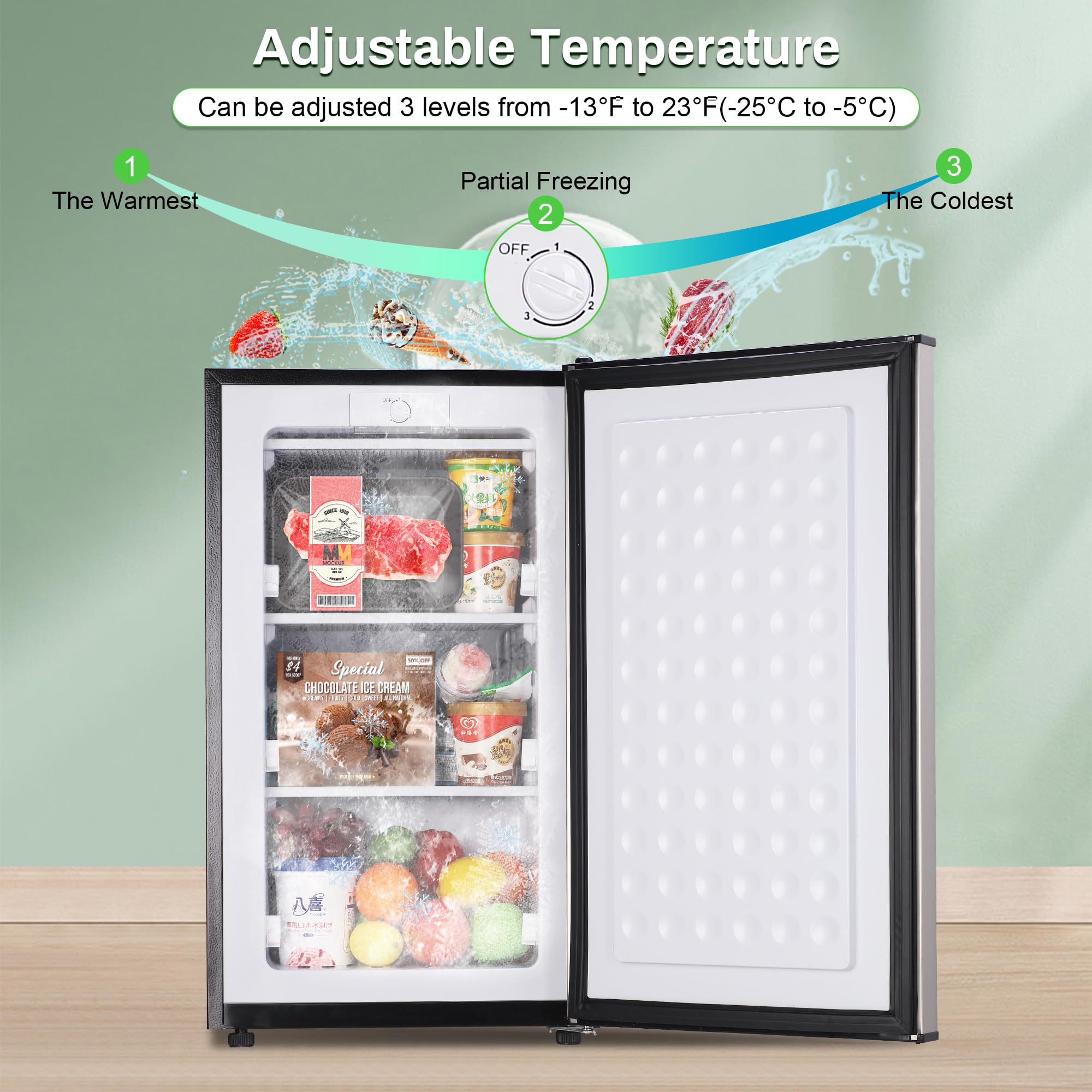 Upright Freezer 3.6 Cubic Feet, Mini Freezer with Removable Baskets, 3 Level Adjustable Temperature from -13°F to 23°F, Manual Defrosting, Reversible Stainless Steel Door, Suitable for Home, Silver